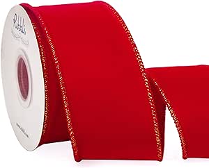 Amazon.com: Ribbli Red Velvet Wired Ribbon,Velvet Ribbon with Gold ...