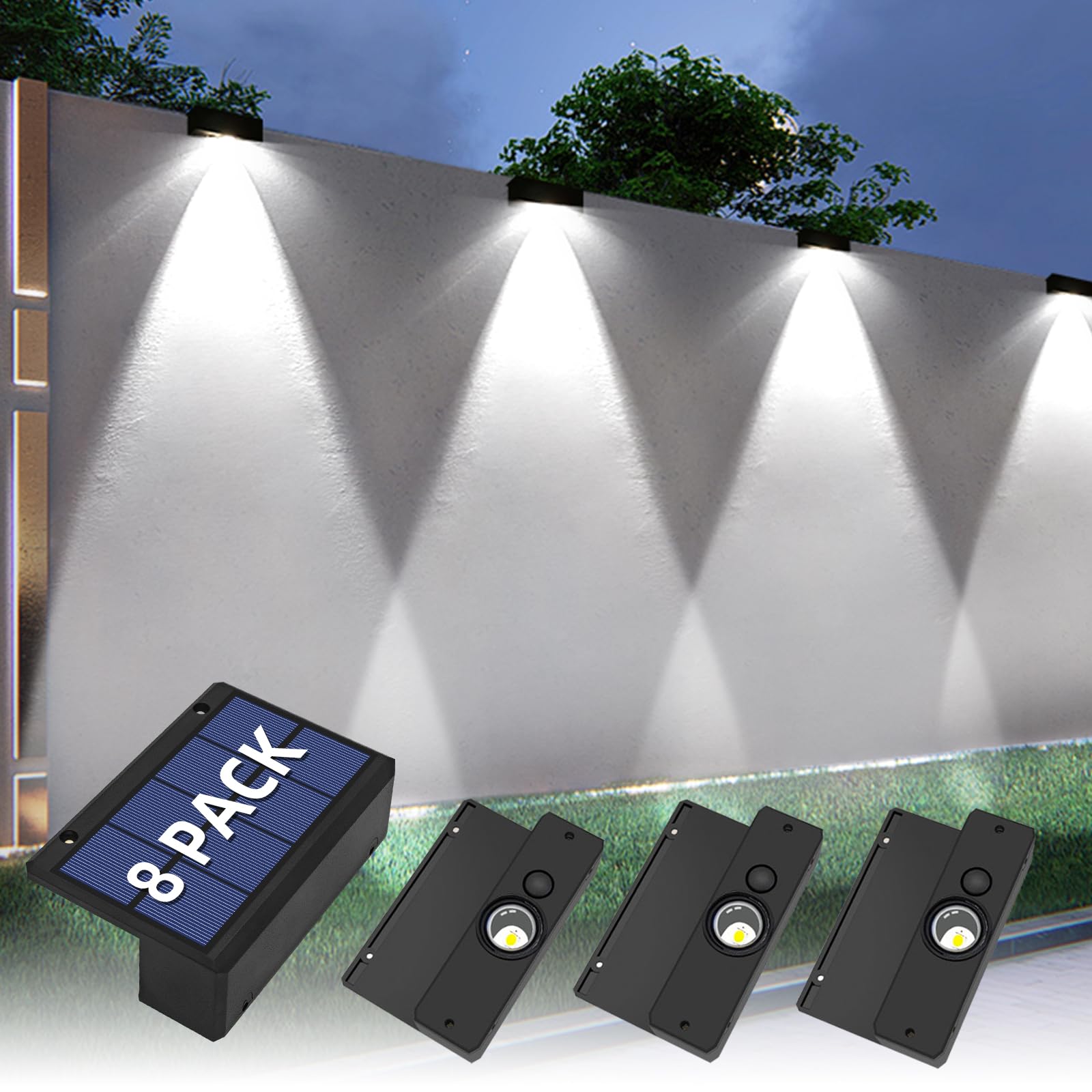 XmnSoly 8 Pack Solar Deck Lights, Non-Drill Outdoor LED Fence Lights ...