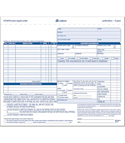 2 Part Auto Repair Estimate Form Carbonless Latter Example Template