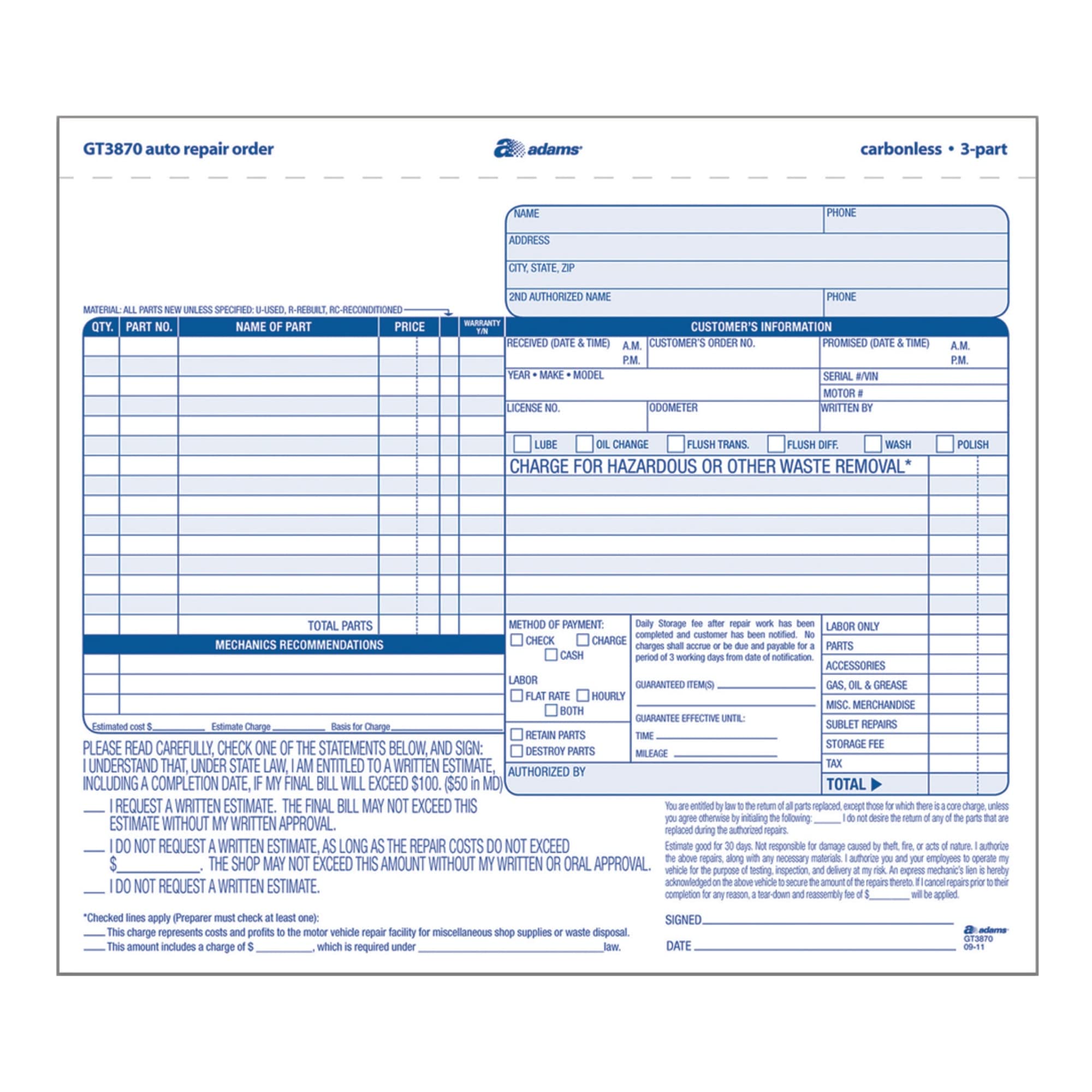 Adams Auto Repair Order Forms, 8.5 x 7.44 Inch, 3-Part, Carbonless, 50 ...