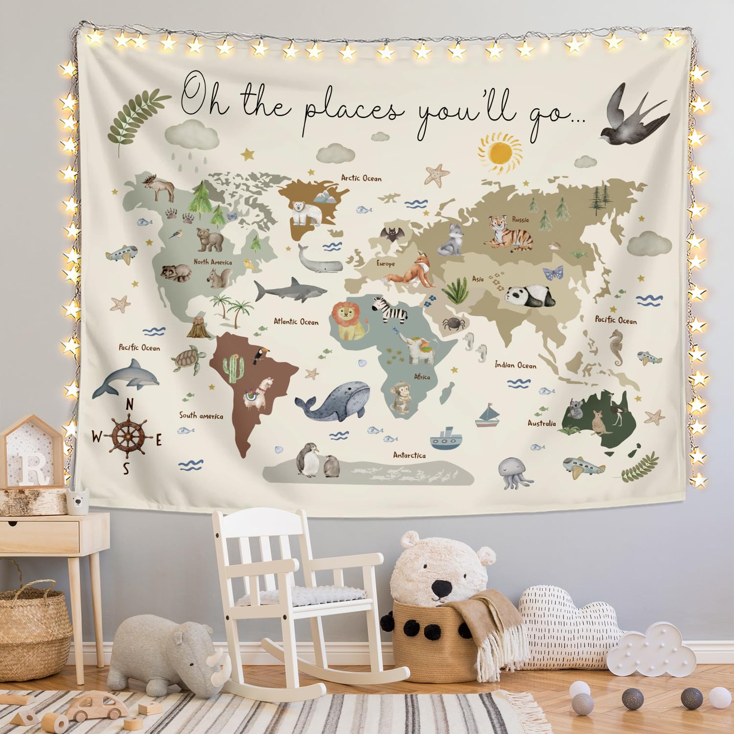 LIANGW Boho Kids World Map Tapestry Wall Hanging, Animal Continents ...