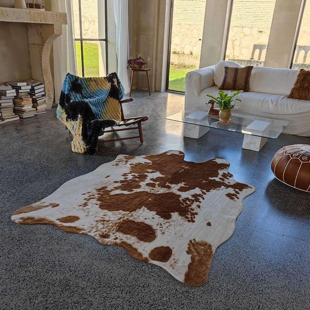 rugoo Premium Brown Cowhide Rug 4.6 ft x 6.6 ft Faux Cowhide Rug Cow ...