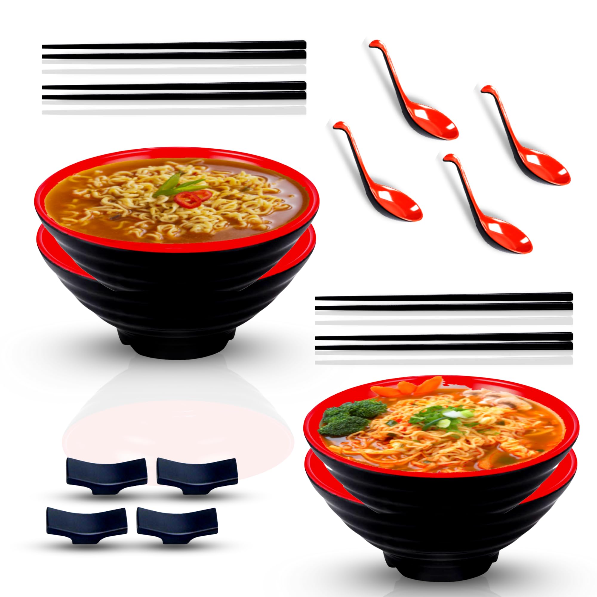 ROHGAN 32 OZ Red Ramen Bowl Set – 20-Piece Japanese Melamine Noodle Set ...