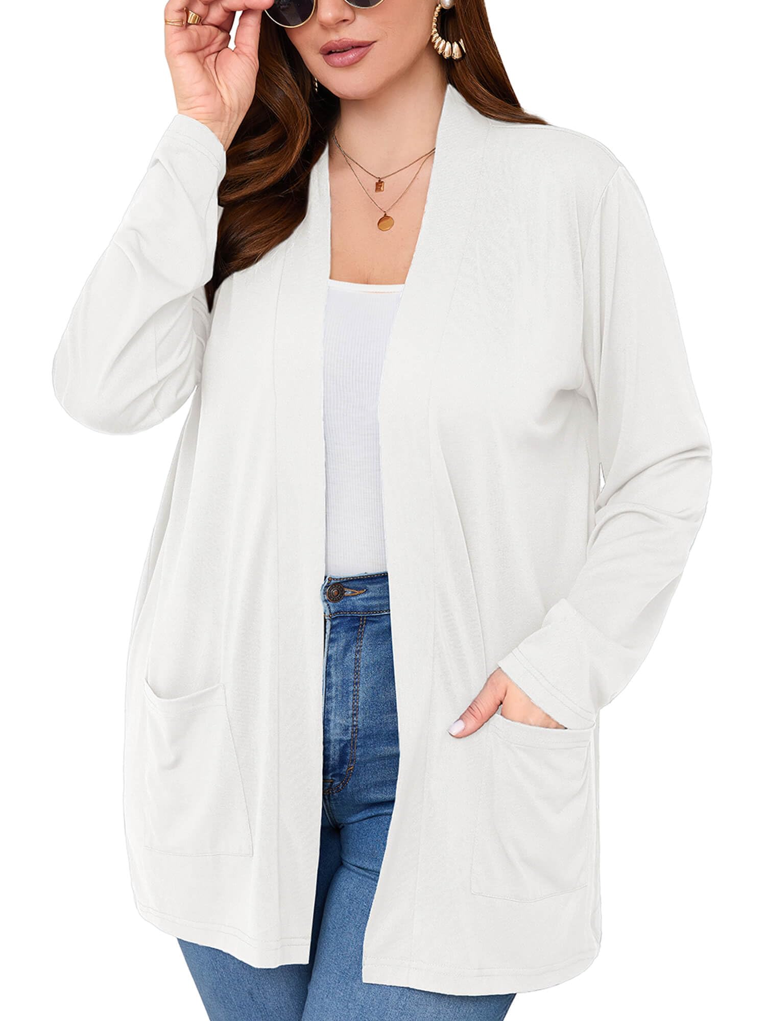 AusLook Women's Plus Size Lightweight Open Front Cardigan White 3X ...