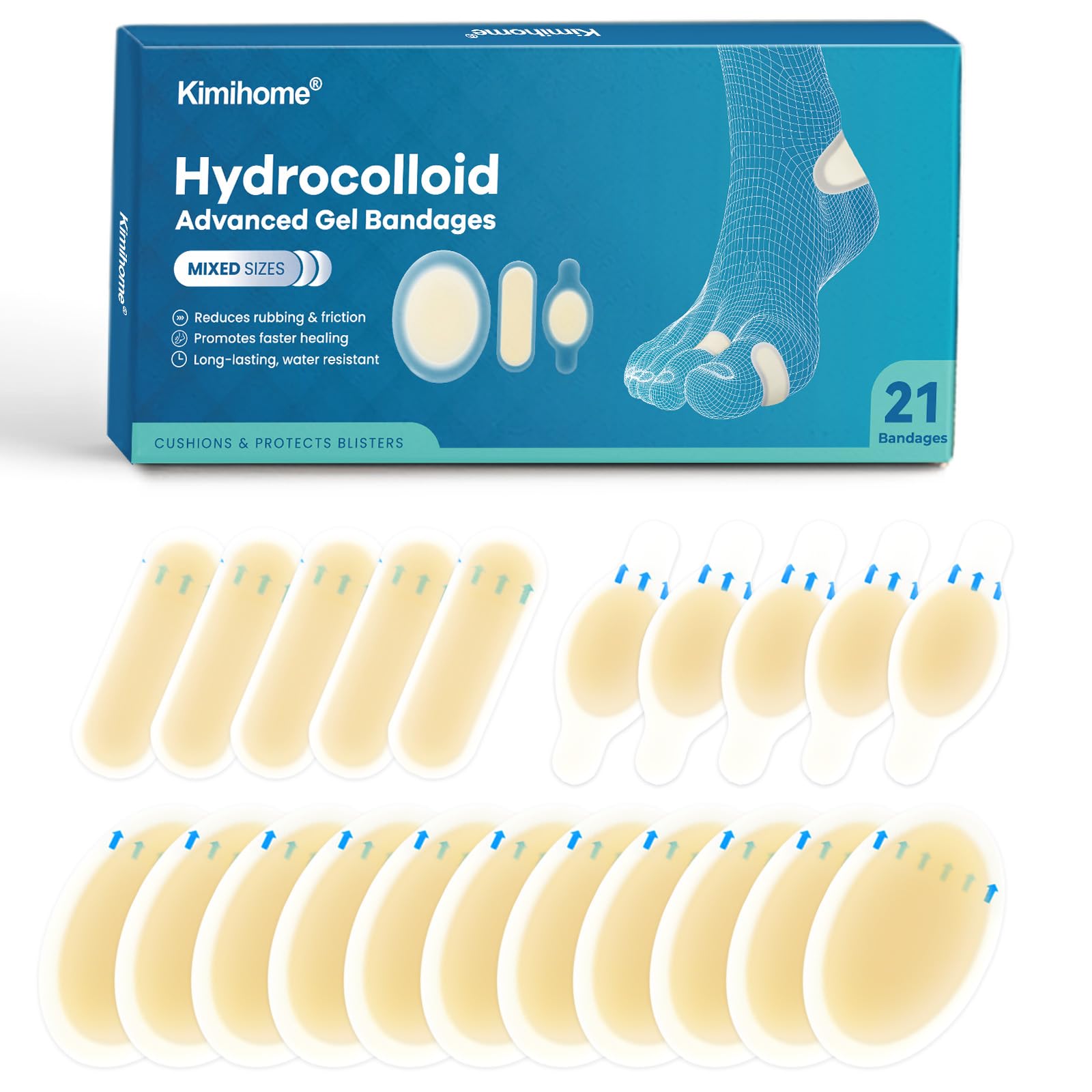 Gel Blister Bandages - 21 PCS Hydrocolloid Bandages for Feet, Blister ...