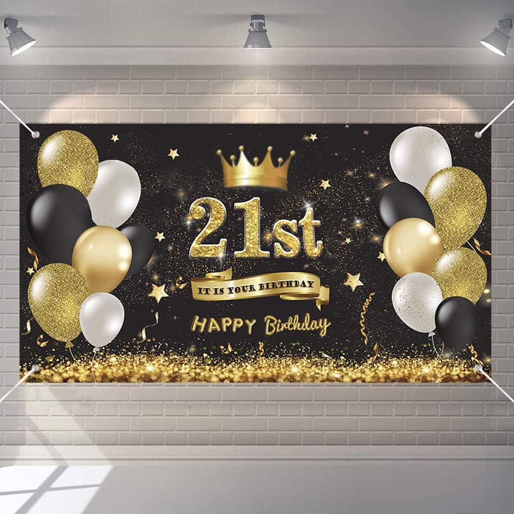 21st Birthday Black Gold Party Decoration, Birthday Backdrop Banner ...