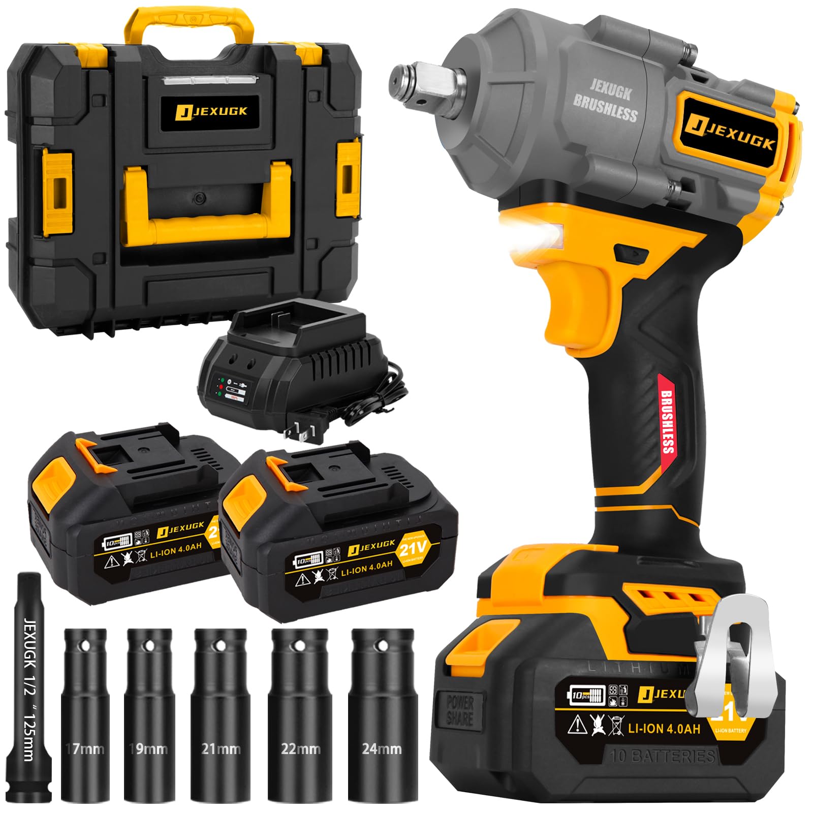 JEXUGK 1000N.m 1/2" Cordless Impact Gun, 740ft-lbs 21V Brushless High ...