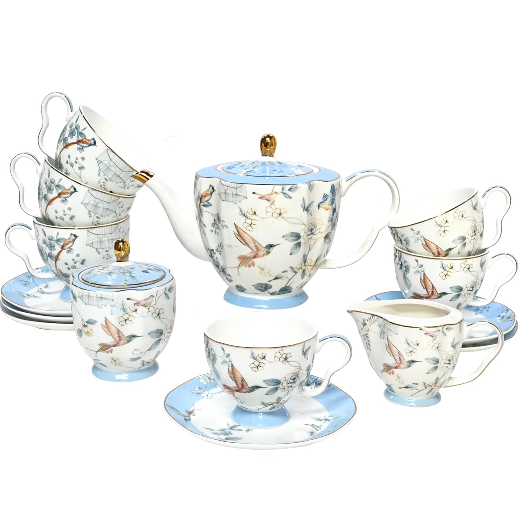 LE POTOCIO Bone China Tea Set, Porcelain Tea Sets for Adults, Blue and ...