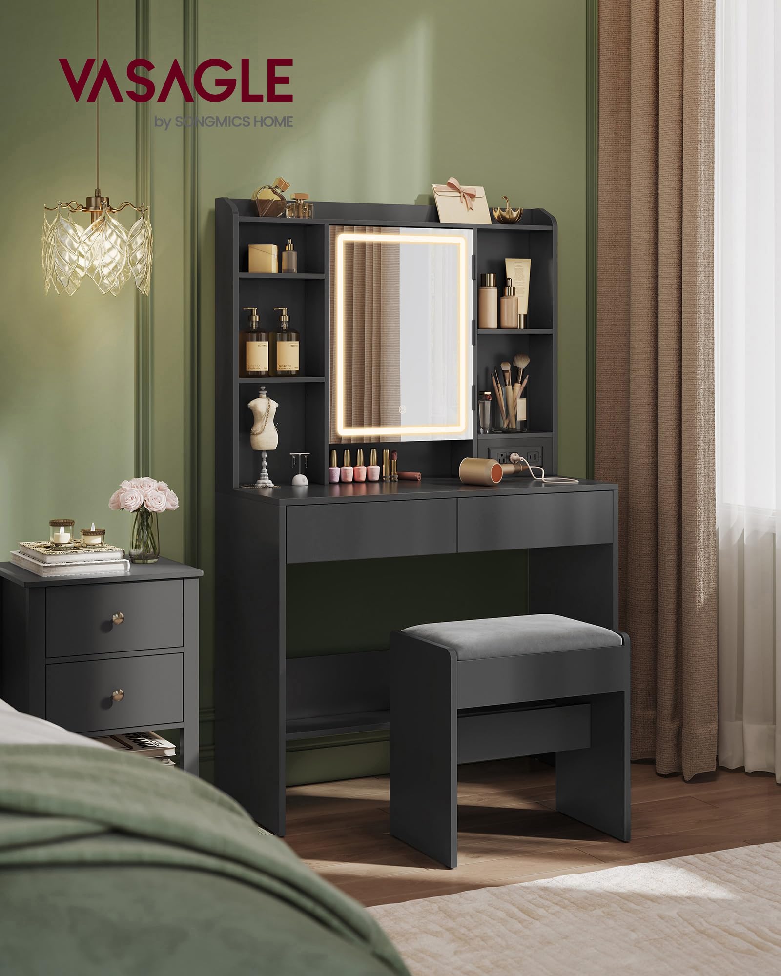 VASAGLE Vanity Desk With Power Outlets, Makeup Vanity With Mirror And ...