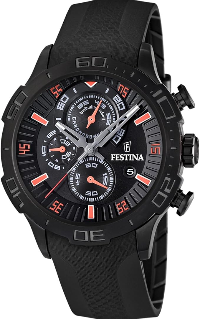 Festina Sport Analog Chrono Herren Uhr Schwarz/Orange Kautschuk F16567 ...