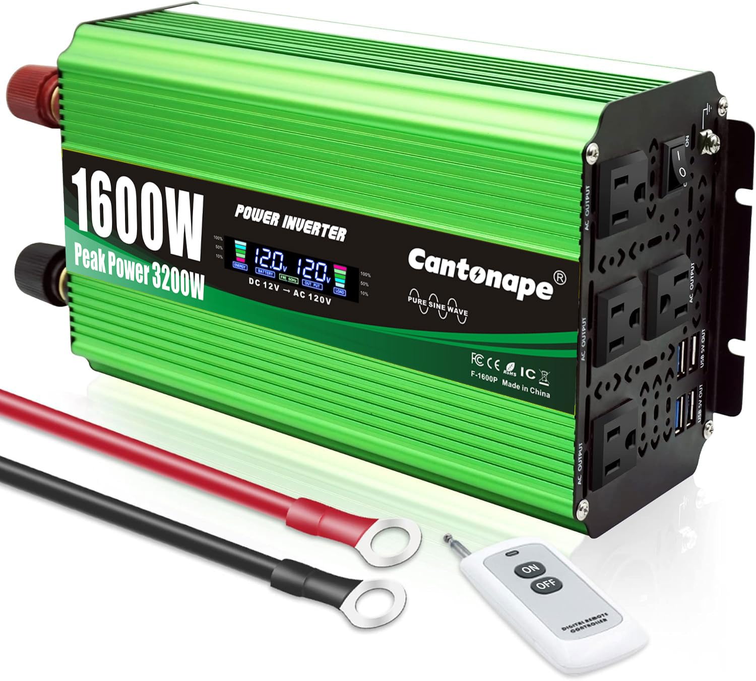 Cantonape Pure Sine Wave Inverter 1600 Watts Inverter DC 12V to AC 110V ...