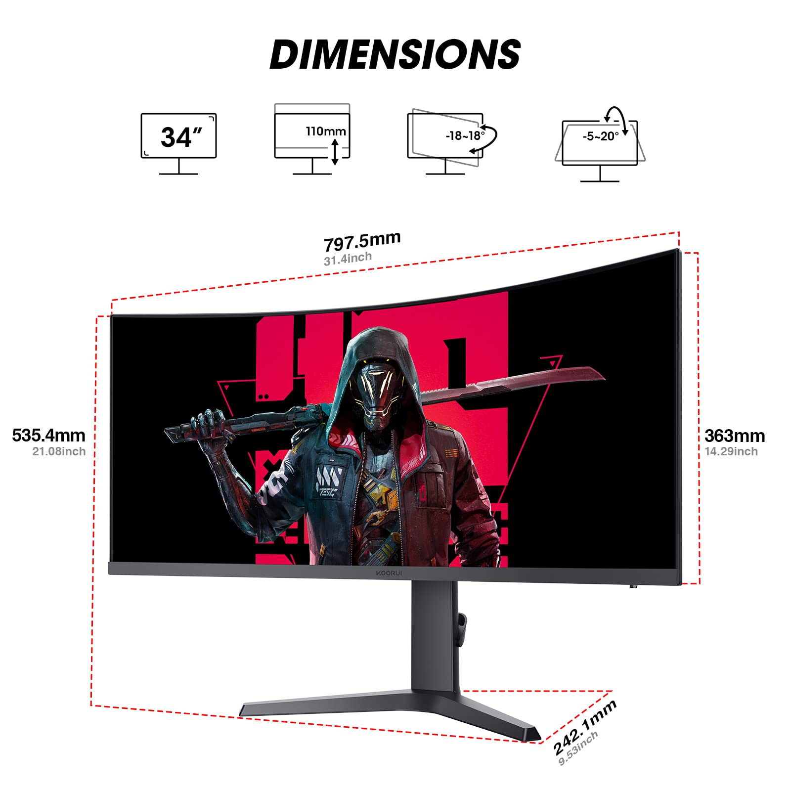 Mua KOORUI 34 inch Curved Monitor Gaming Ultrawide Monitors144hz 165hz 1ms,HDR400 WQHD ...