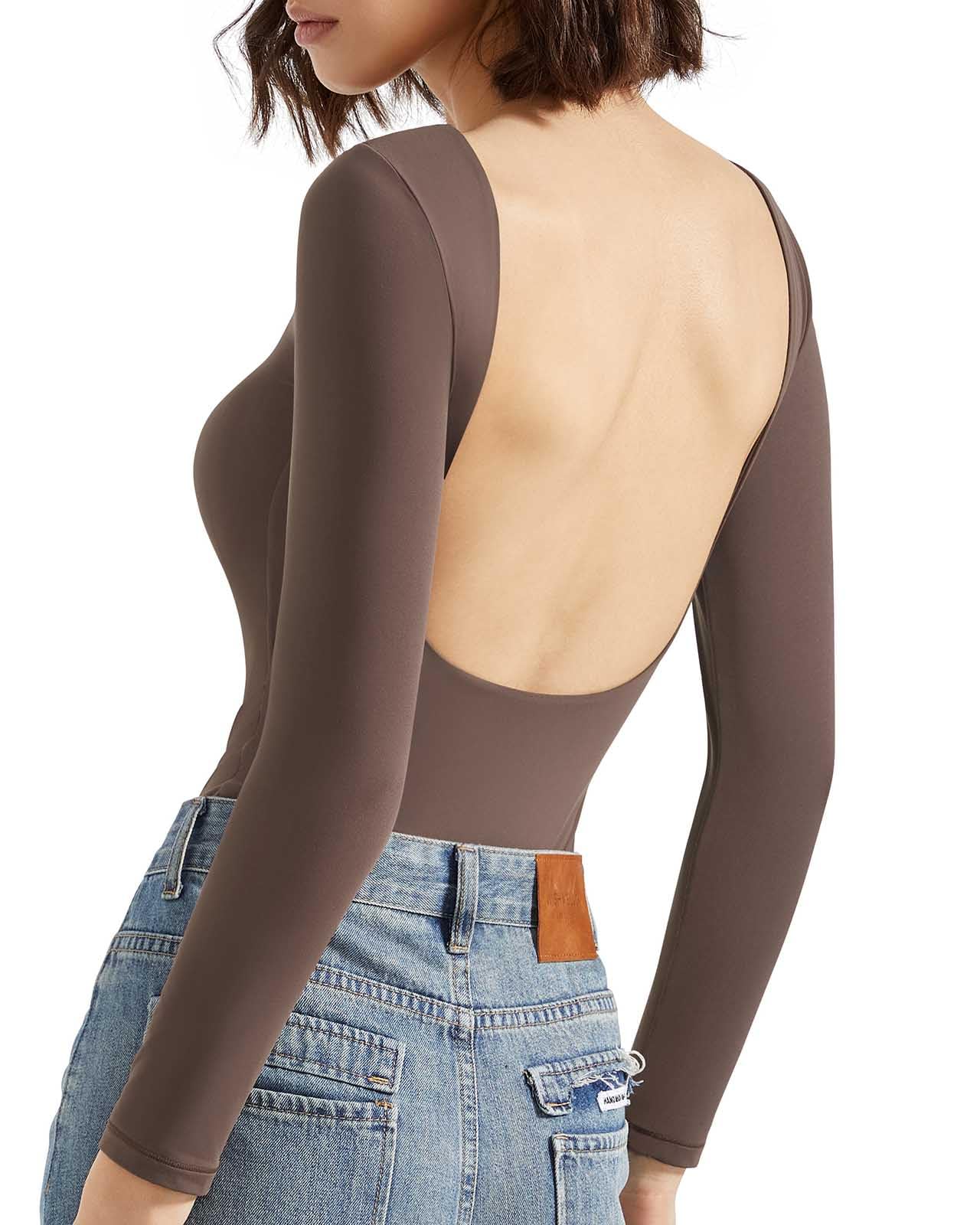 SUUKSESS Women Backless Y2k Long Sleeve Bodysuit Double Lined Open Back ...