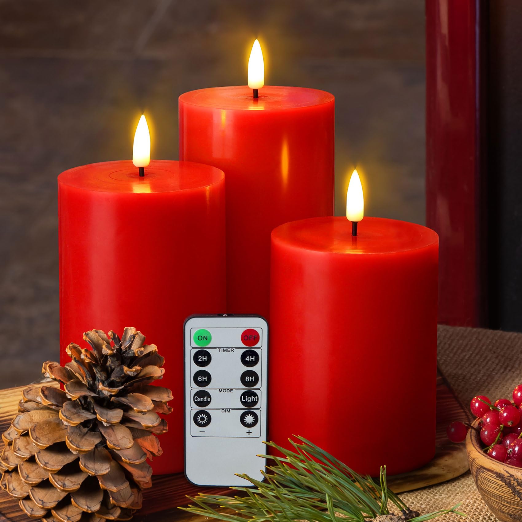Eywamage Red Christmas Flameless Pillar Candles with Remote, Flickering ...