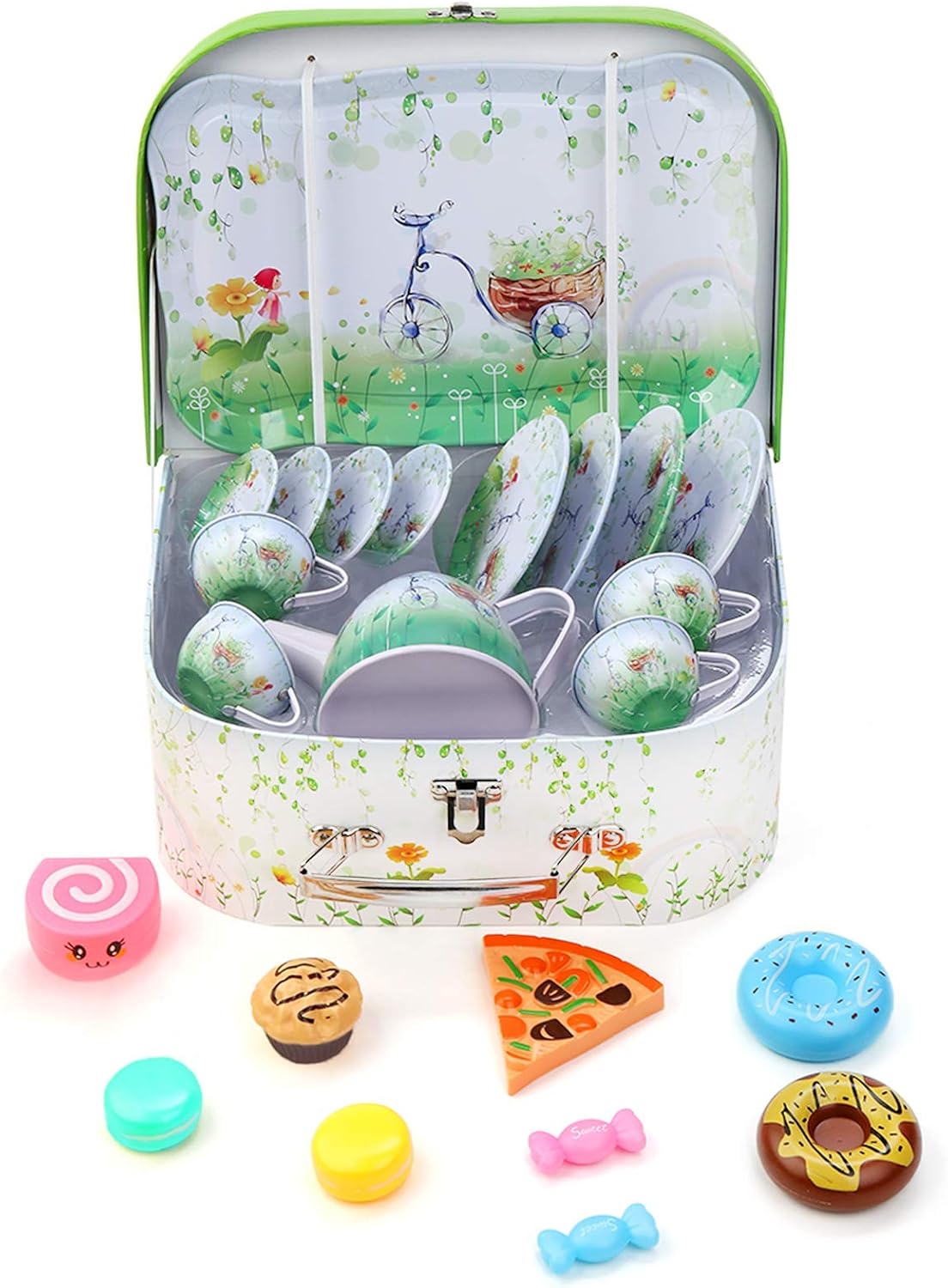 Kids Tea Set, 14 Tin Cans Tea Set + 1 Portable Suitcase + 9 Snack Toys ...