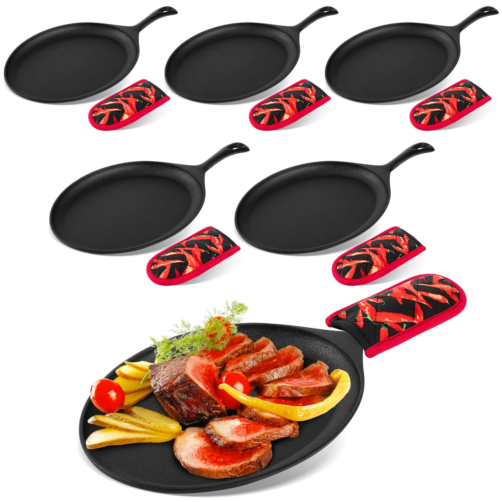 Lallisa 6 Set Cast Iron Fajita Plate Sizzler Pan Pre Seasoned Cast Iron ...