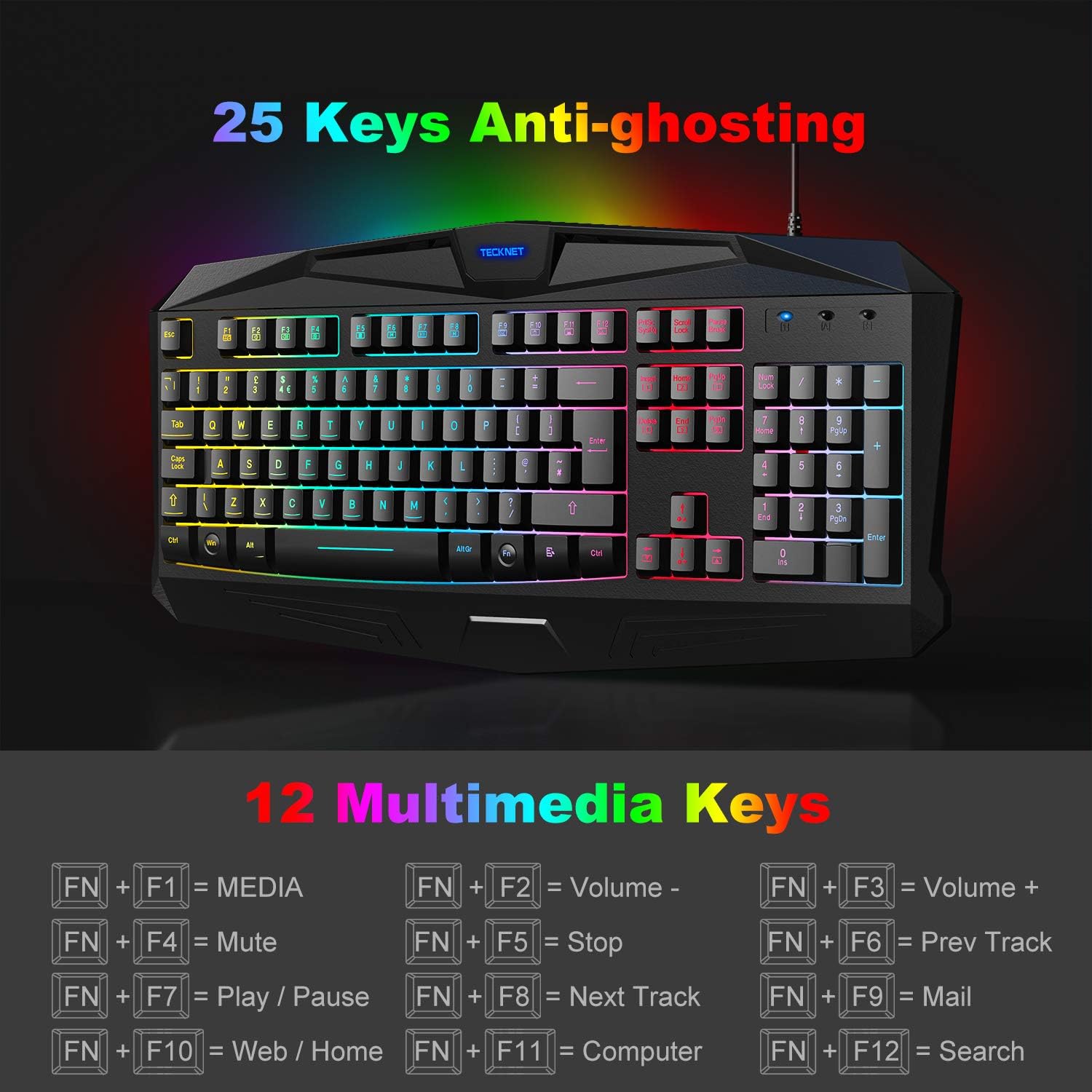 TECKNET Gaming Keyboard Rainbow LED Backlit Mechanical Feeling USB ...