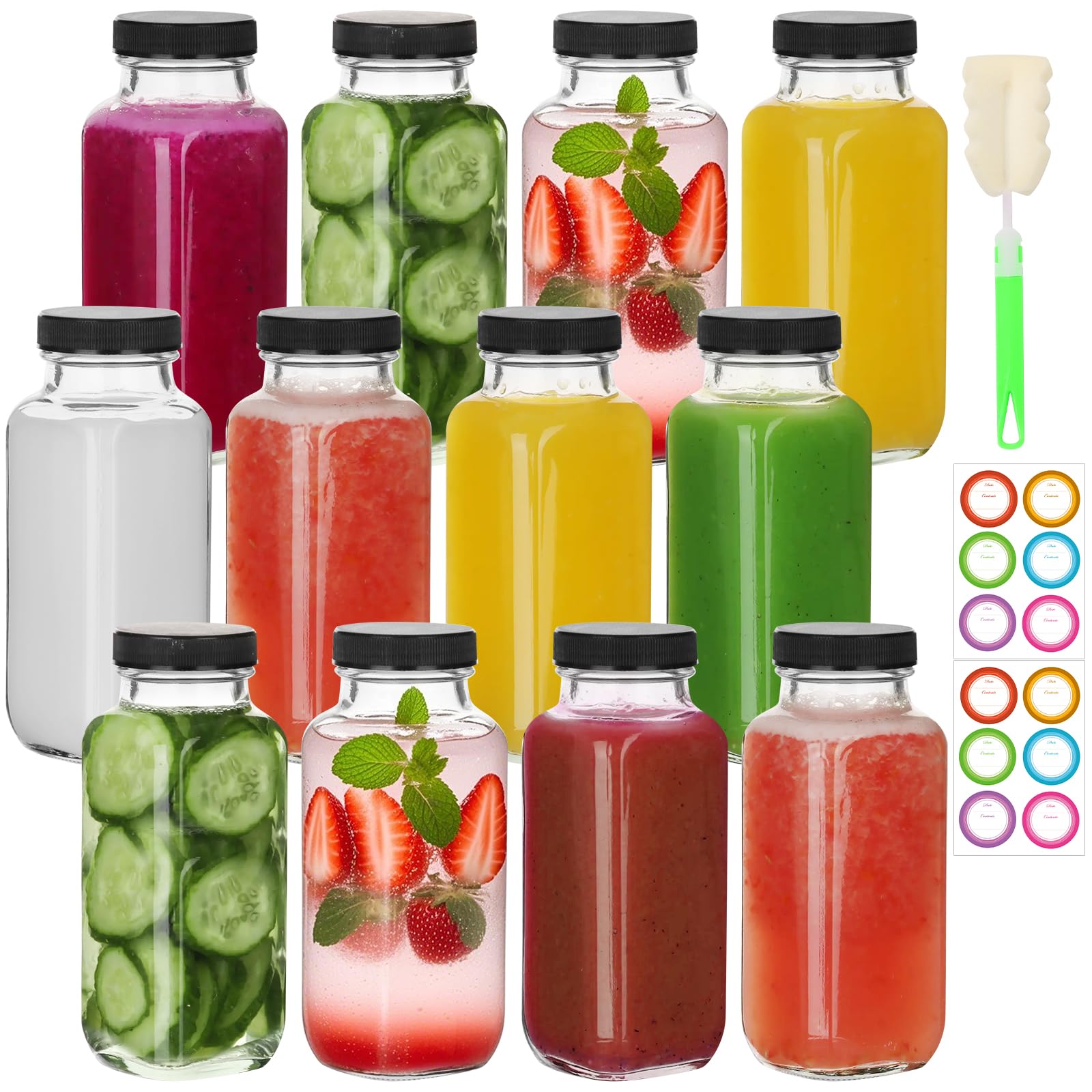 BIGIVACA 8 oz Glass Juice Bottles with Lids,12 PACK Bottles for Juicing ...