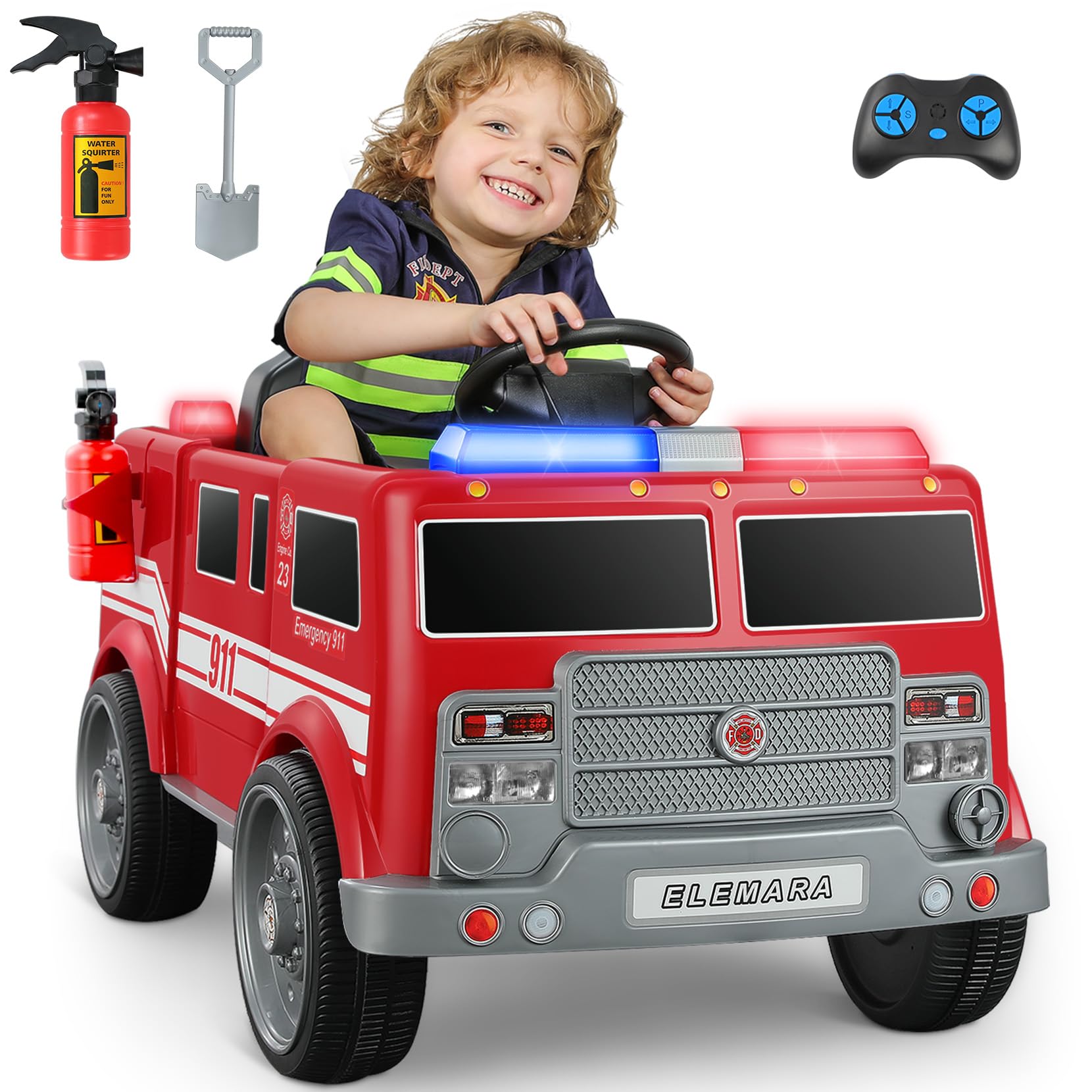 ELEMARA 12V7AH Ride on Fire Truck, Electric Ride on Car for Kids ...