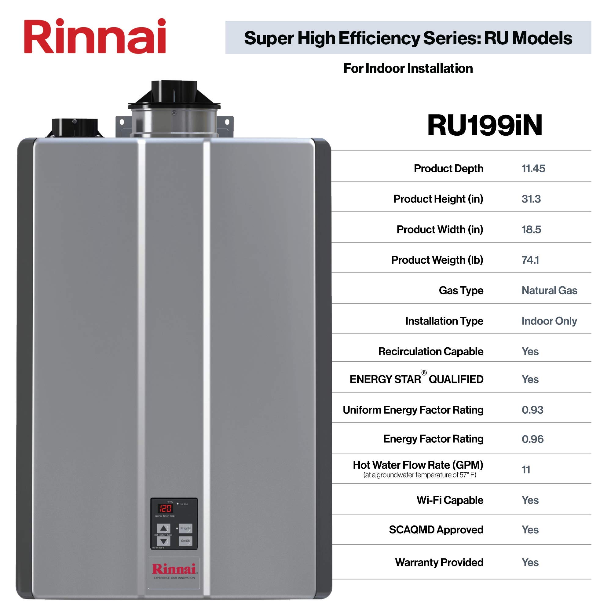 Rinnai RU199iN Sensei Super High Efficiency Tankless Water Heater, 11 GPM - Natural Gas: Indoor ...