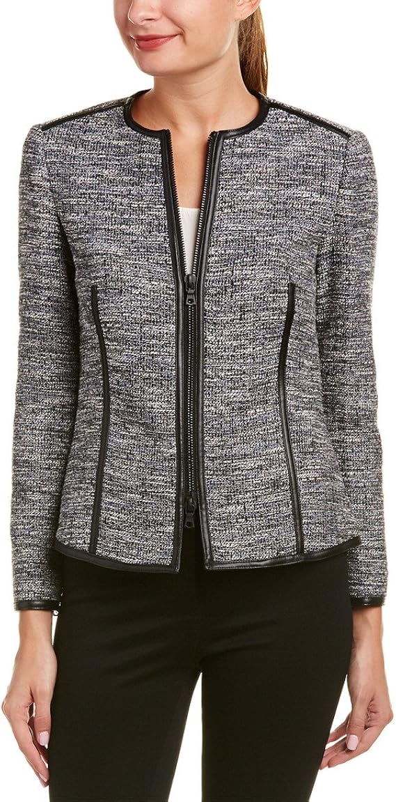 Amazon.com: Anne Klein Women's Zip Front Tweed Jacket, Black/Mariner ...