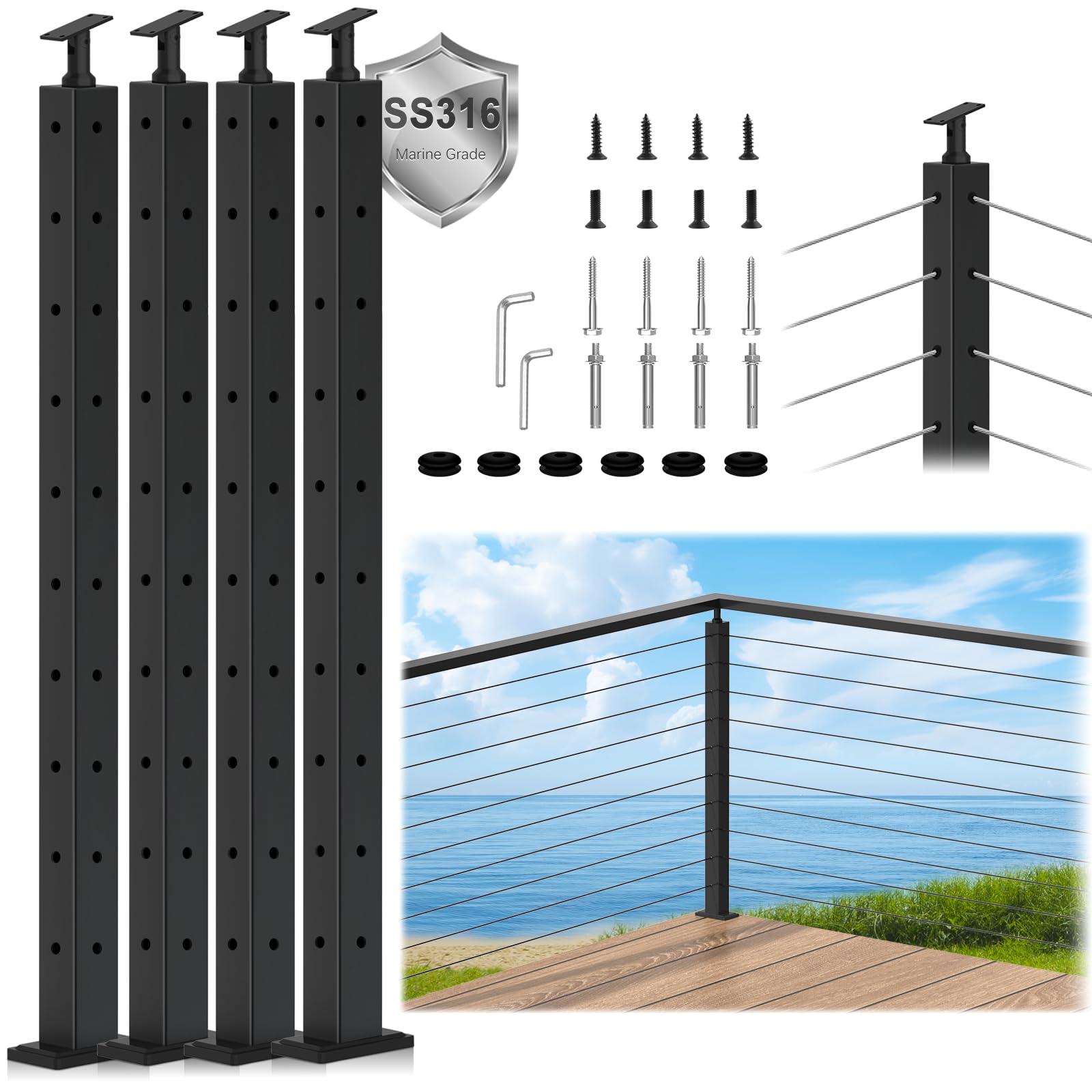 Zylorix 4Pack 36" SS316 Cable Railing Post Corner Drilled for Coastal ...