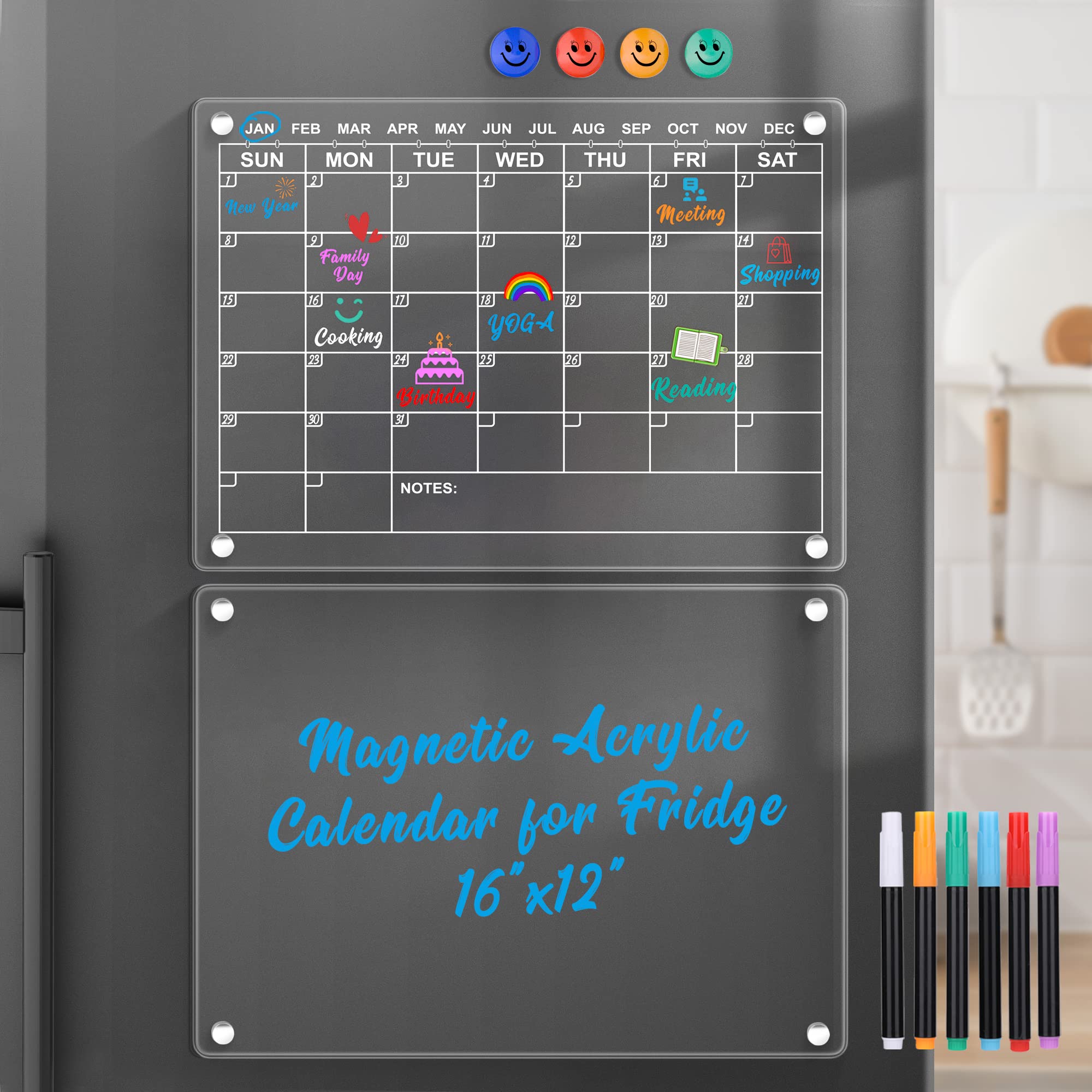 Mua Acrylic Magnetic Dry Erase Calendar Board for Fridge 2 Set, 16”x12 ...