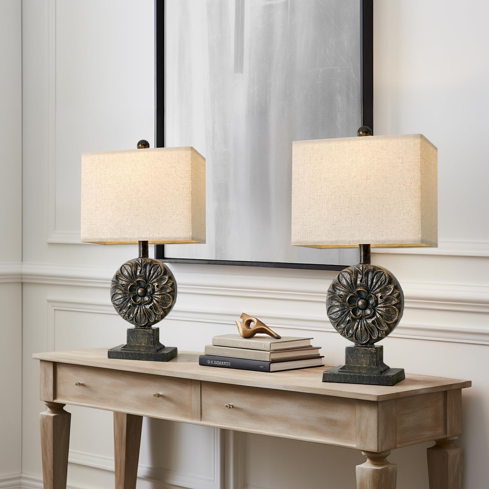 PoKat 21" Rustic Table Lamps Set of 2, Farmhouse Lamps Black Carved ...