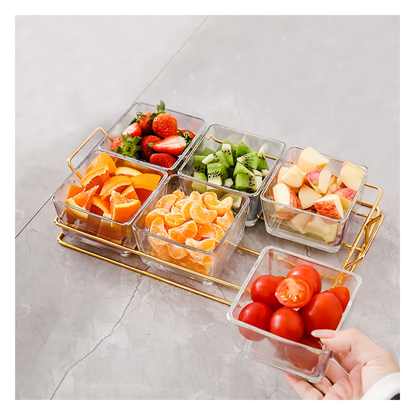 6 Clear Glass Serving Bowls Set with Gold Metal Rack Tray, Removable ...