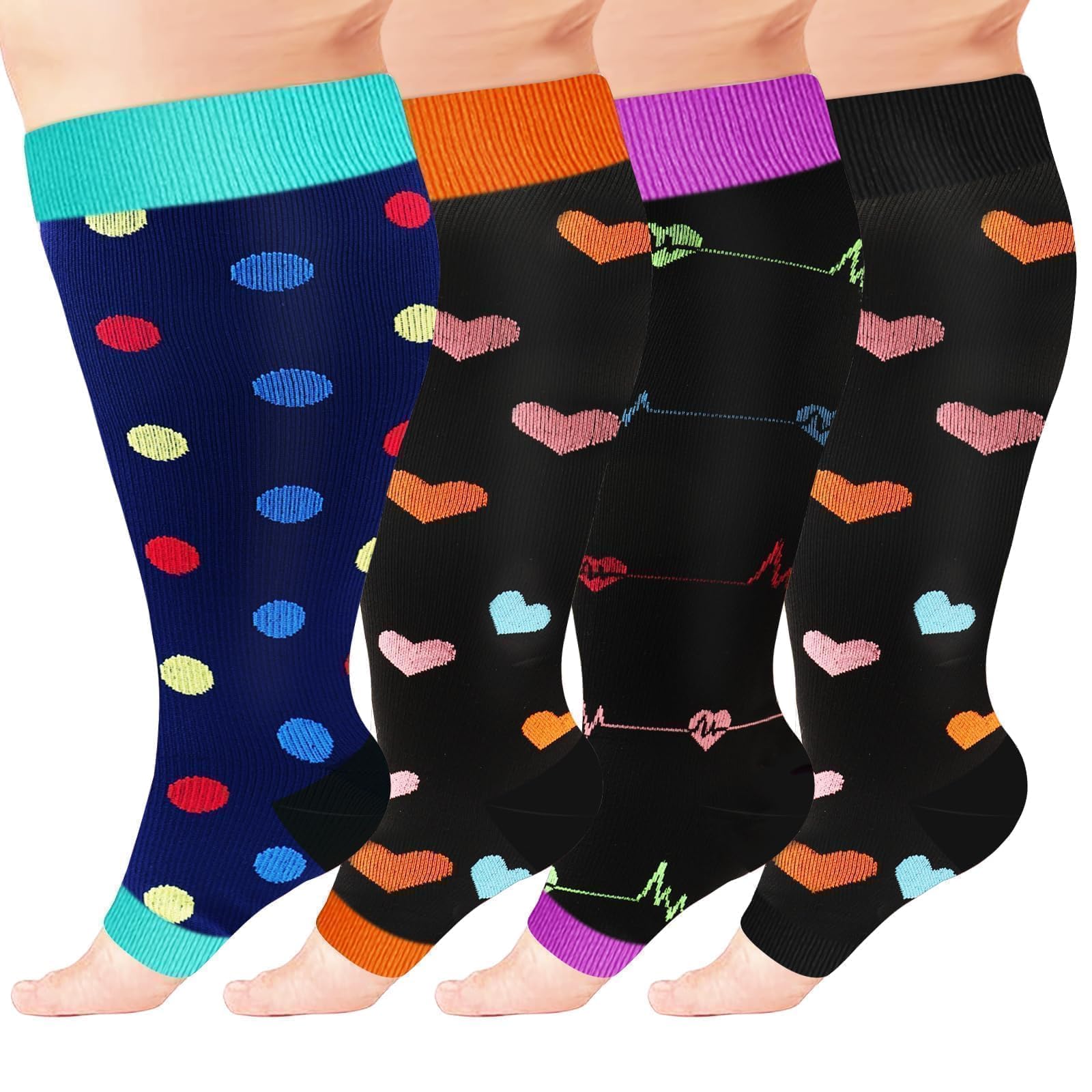 YLOLUL 4 Pairs Toeless Plus Size Compression Socks Wide Calf Open Toe ...