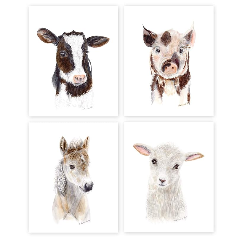 Amazon.com: Farm Nursery Print Set of 4 Prints, Baby Animal Portraits ...