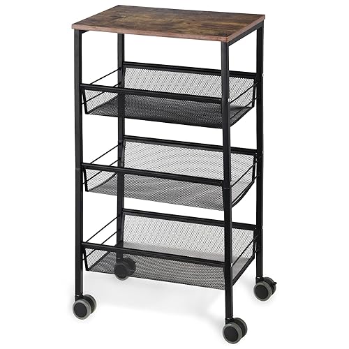 LIANTRAL Rustic Kitchen Storage Cart, 4 Tier Kitchen Cart on Wheels ...