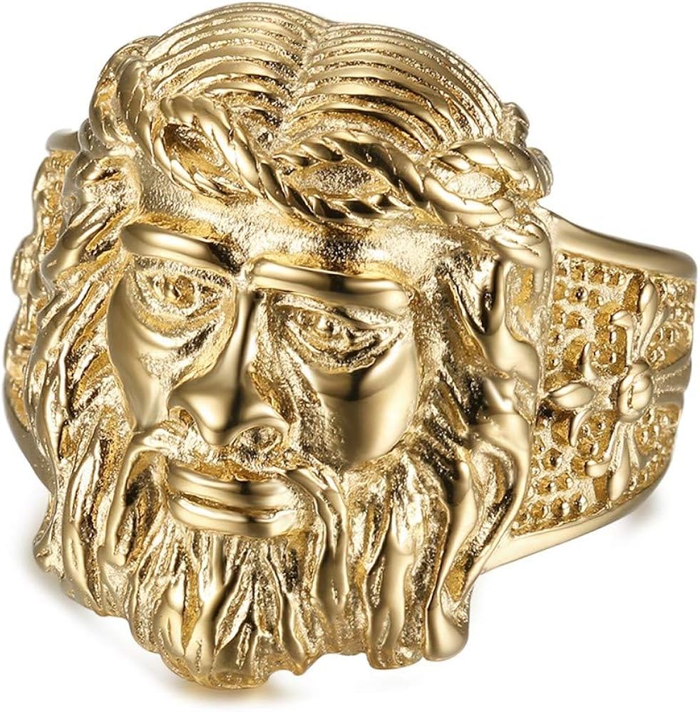 BOBIJOO JEWELRY - Ring Siegelring Kopf Jesu Edelstahl Gold Mann Kreuz ...