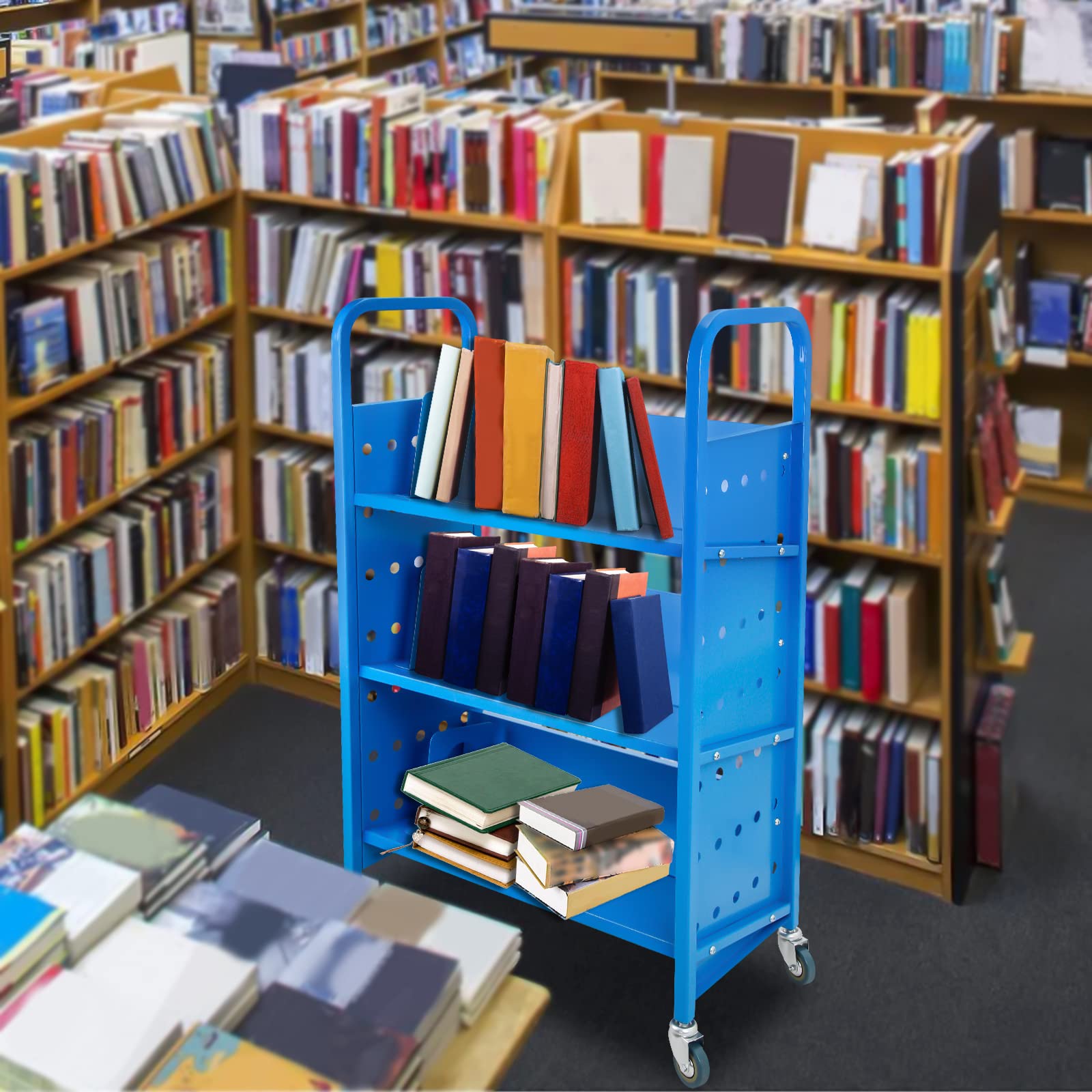 Hasopy Rolling Library Book Cart, V-Shaped Rolling Book Cart With 4 ...