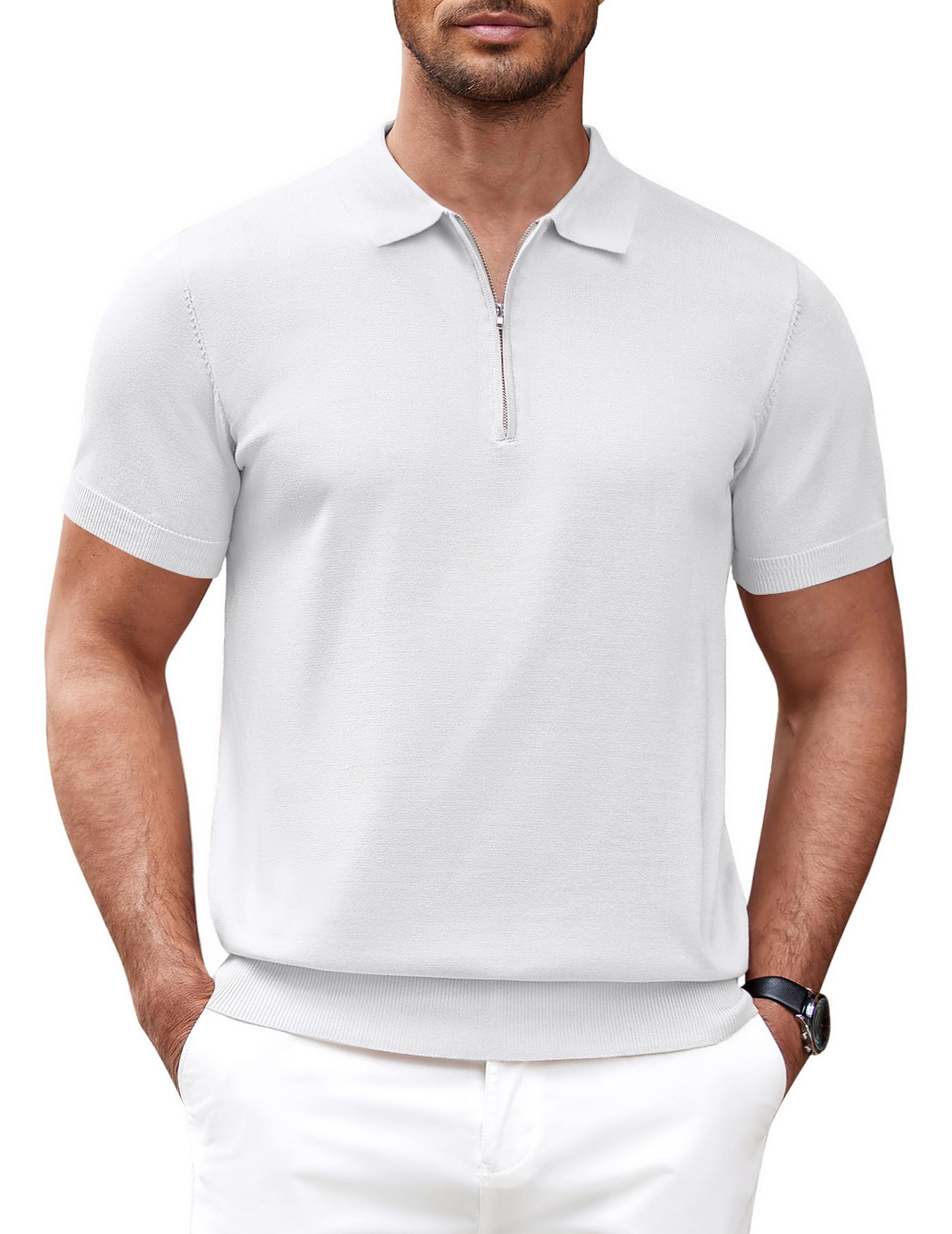 COOFANDY Mens Polo Shirts Short Sleeve Zip Up Polo Shirt Casual Knitted Polo Shirts Dress Polo ...