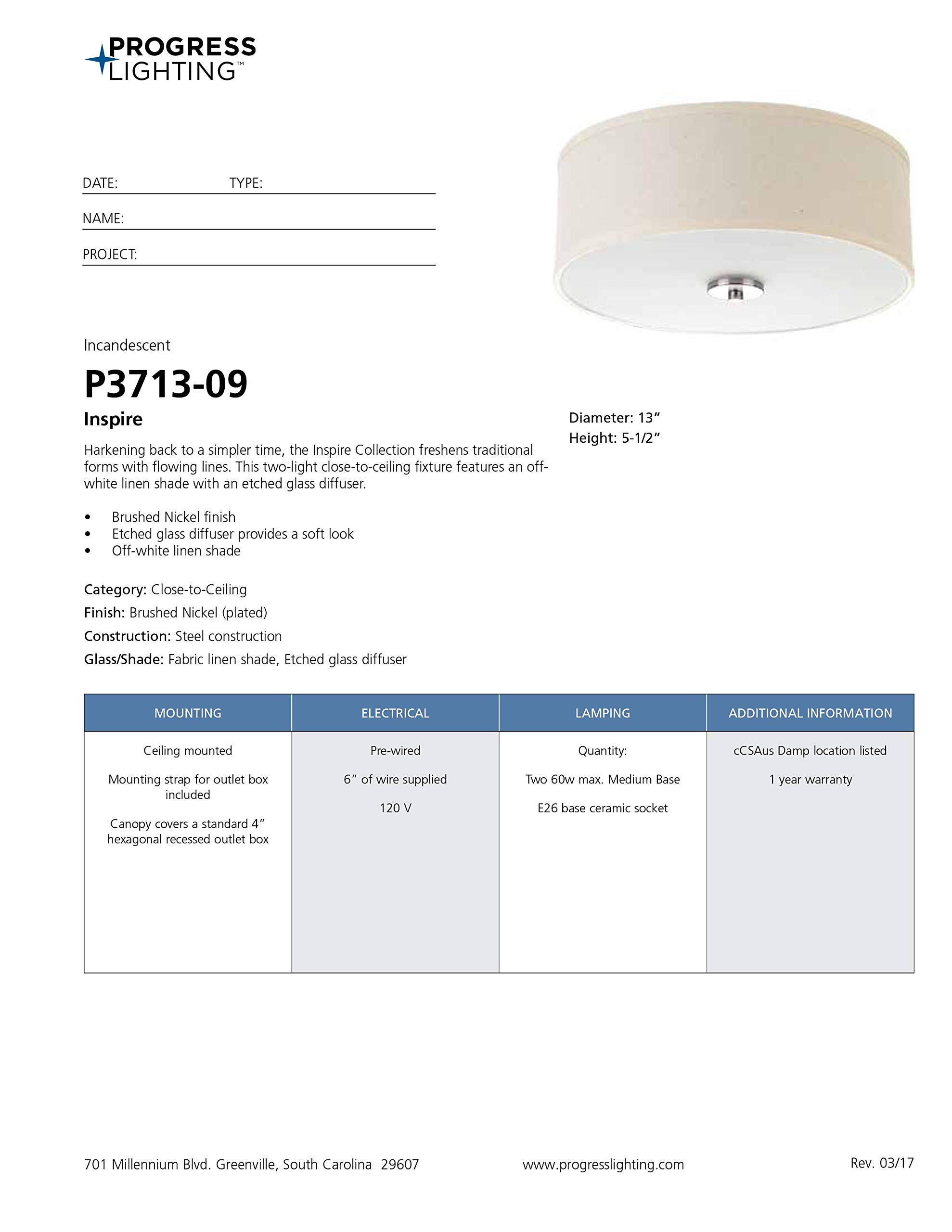 Progress Lighting P3713-09 Inspire Two-Light Flush Mount, Brushed Nickel