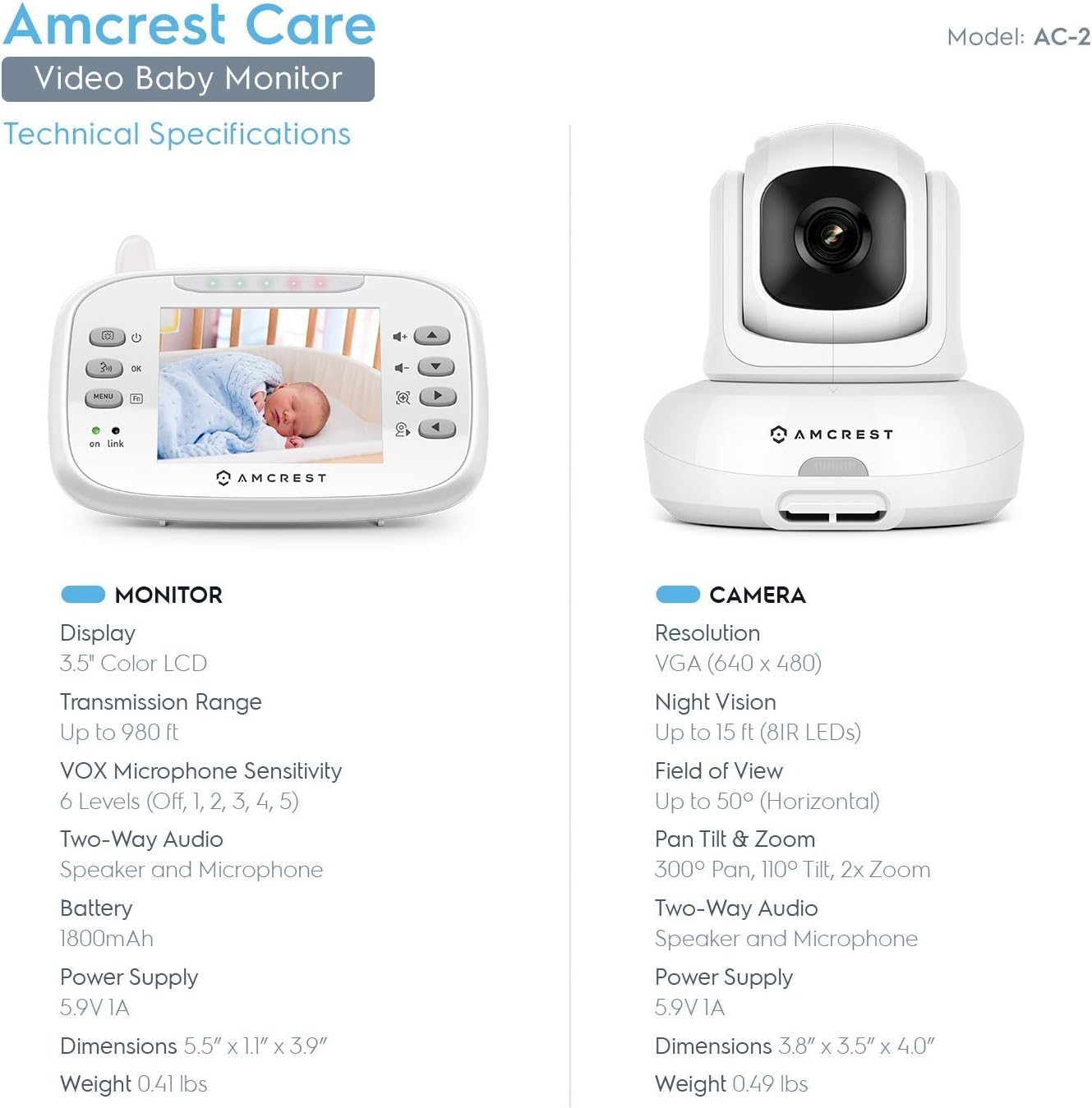 Amcrest AC-2 Video Baby Monitor with Camera and Audio, 3” LCD Display ...