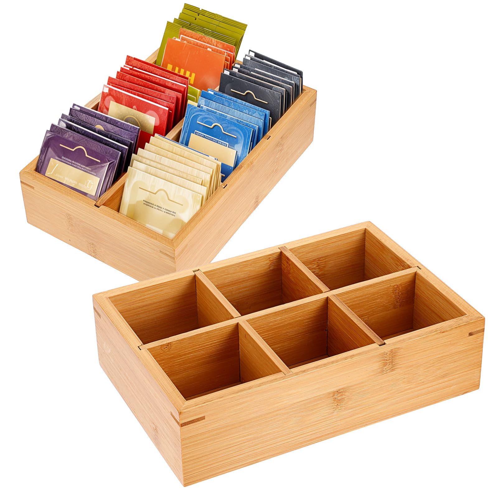 2 Pack Bamboo Tea Bag Organizer, Wood Divided Tea Bag Drawer Storage ...