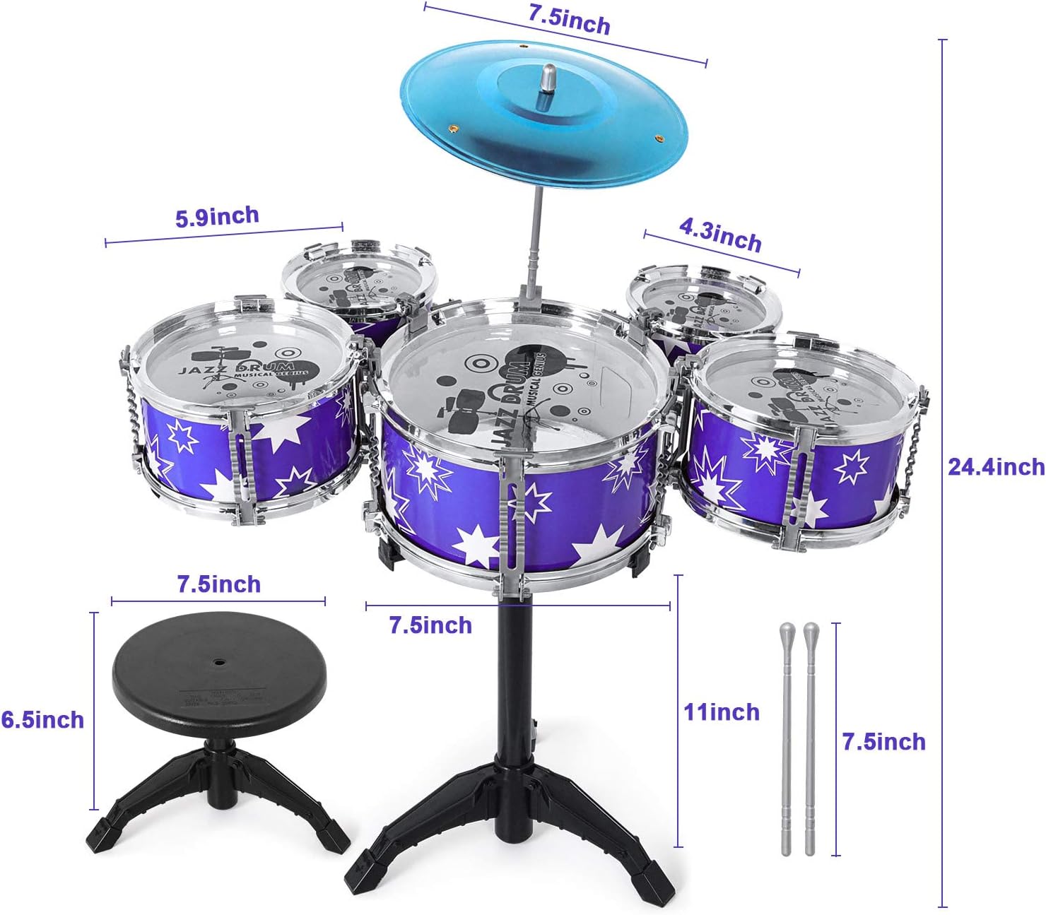 sanlinkee Kids Drum Kit, 5 Piece Jazz Drum Set with Stool Musical ...