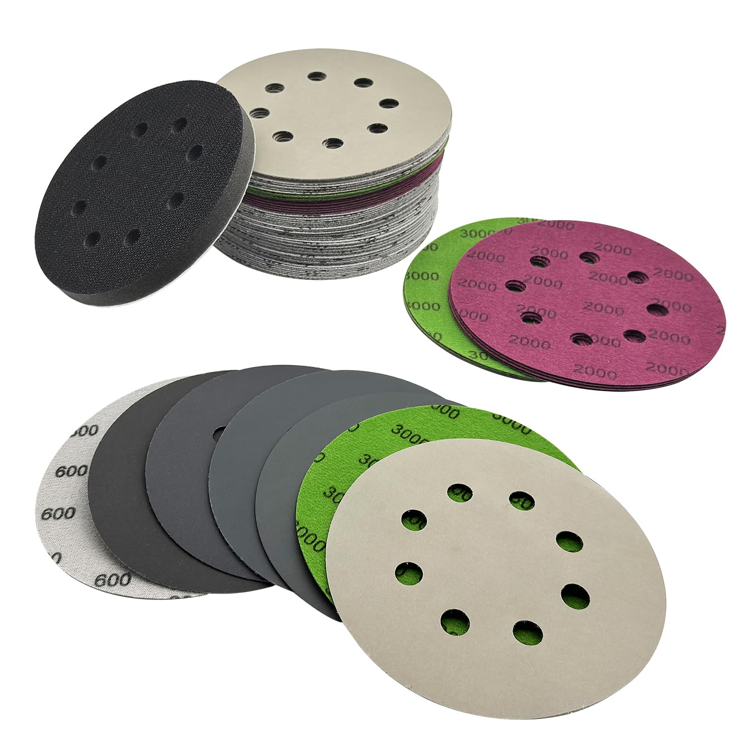 Autkerige 5 Inch Sanding Discs 70pcs Hook and Loop 8 Holes Wet Dry ...
