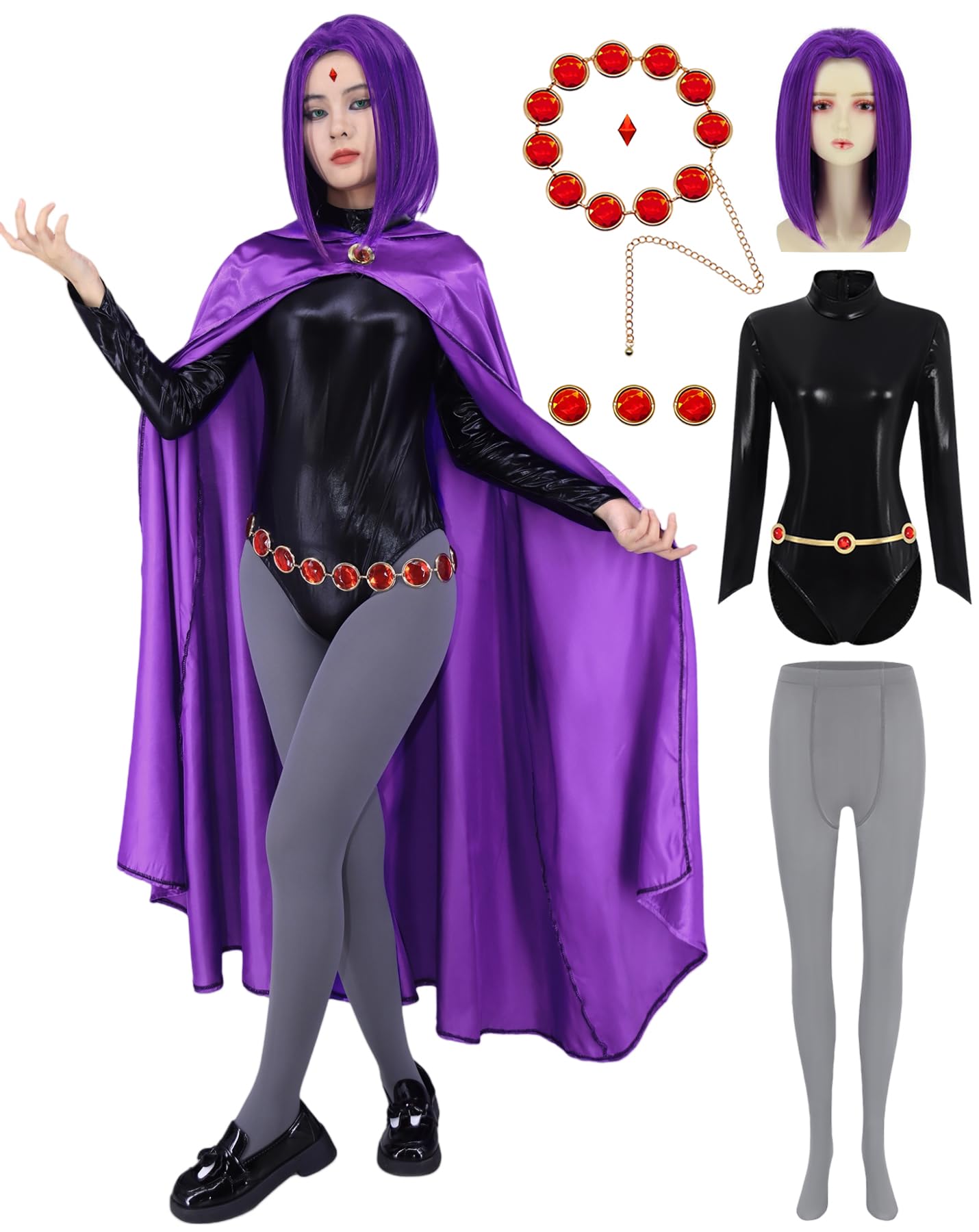 DIYLN Women Raven Cosplay Costume Adult Halloween Costumes with Purple Hooded Cape Wig Belt ...