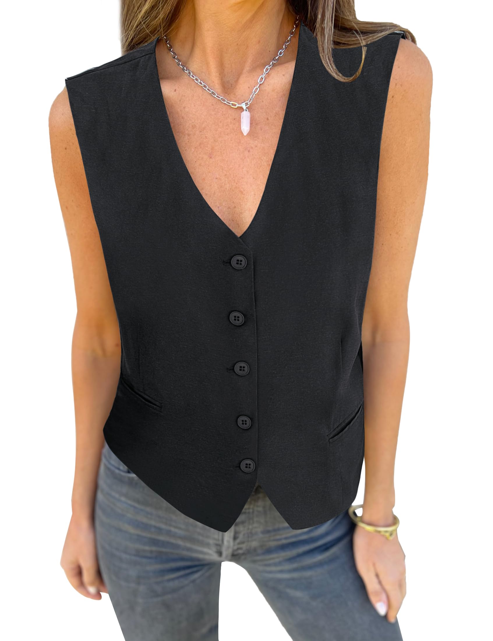 luvamia Black Linen Vest Women Sleeveless Waistcoat Vest For Women ...