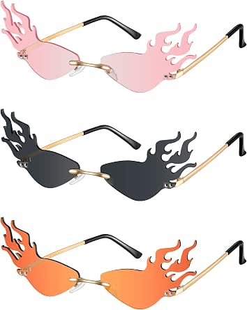 Amazon.com: 3 Pairs Fire Flame Sunglasses Halloween Flame Rimless ...