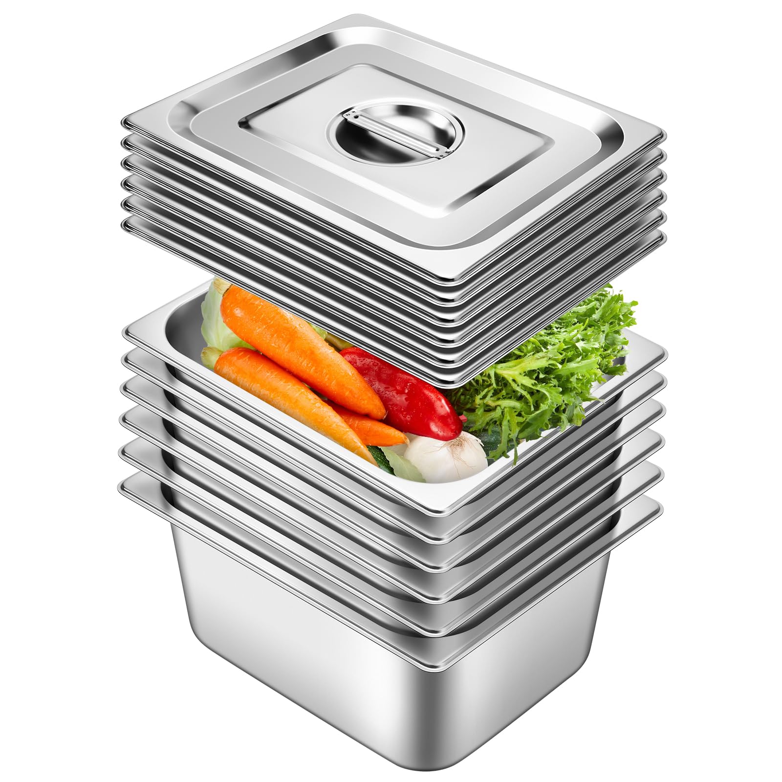 Hotel Pan With Lids 6 Pack 1/2 Size 6" Deep Stainless Steel Steam Table ...