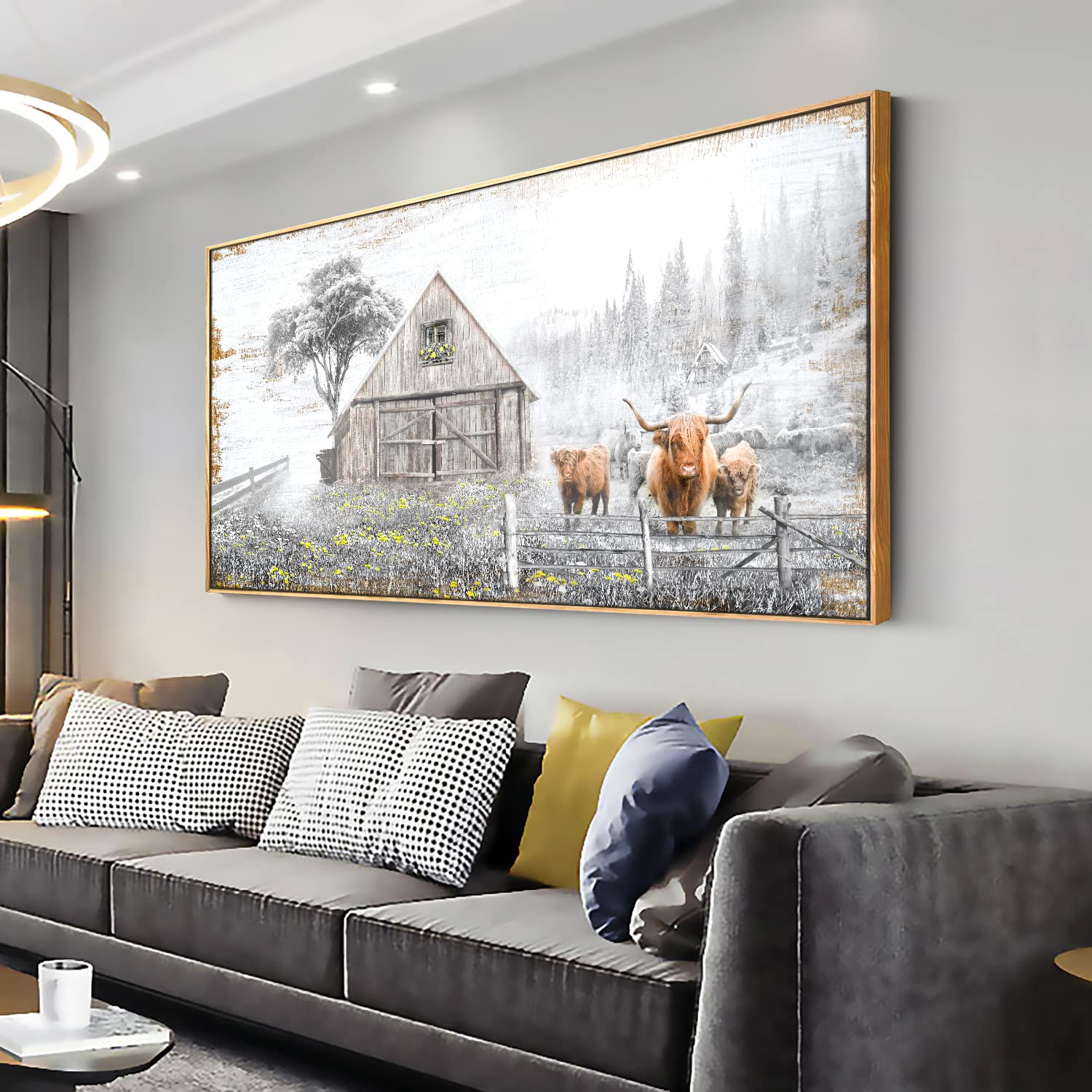 vgrozirh Wall Art Highland Cow Yellow flower Brown Cow Nature Rustic ...