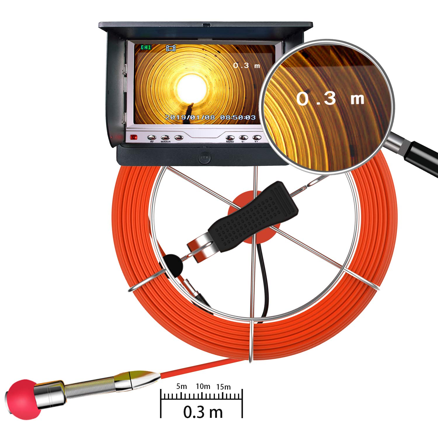 Pipe Inspection Camera with Distance Counter, 30M DVR Sewer Camera ...