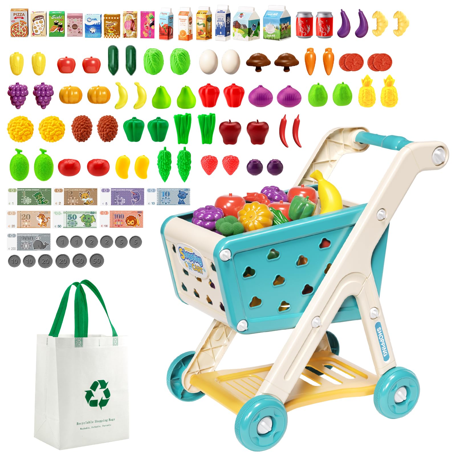 Jovow 98pcs Kids Shopping Cart Trolley Play Set with Pretend Food and ...