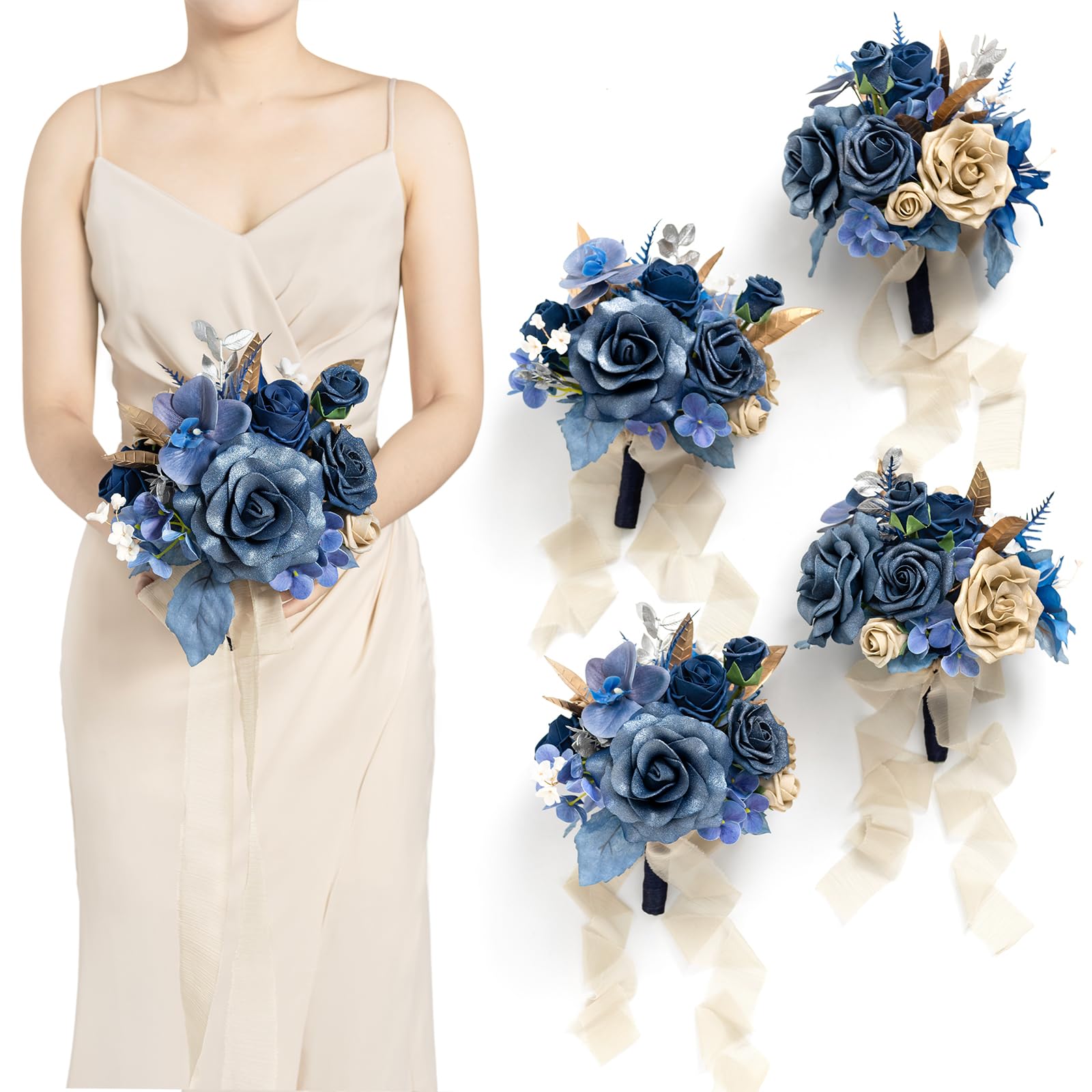 Ling's Moment Artificial Flowers Navy Blue, Bridesmaid Bouquet Set of 4 ...