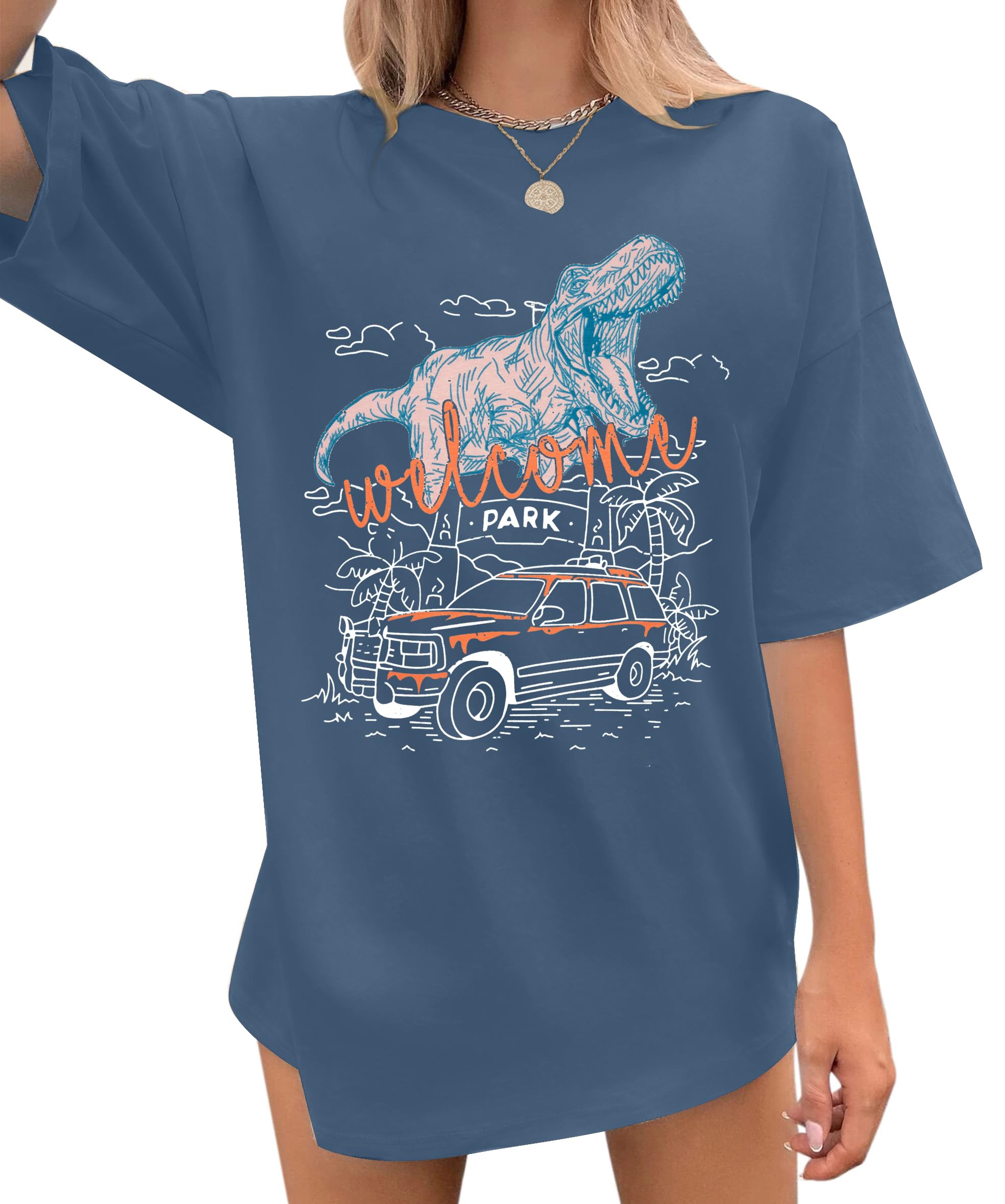 XL - VILOVE Women Dinosaur Shirts Retro Welcome Park Dinosaur Graphic ...