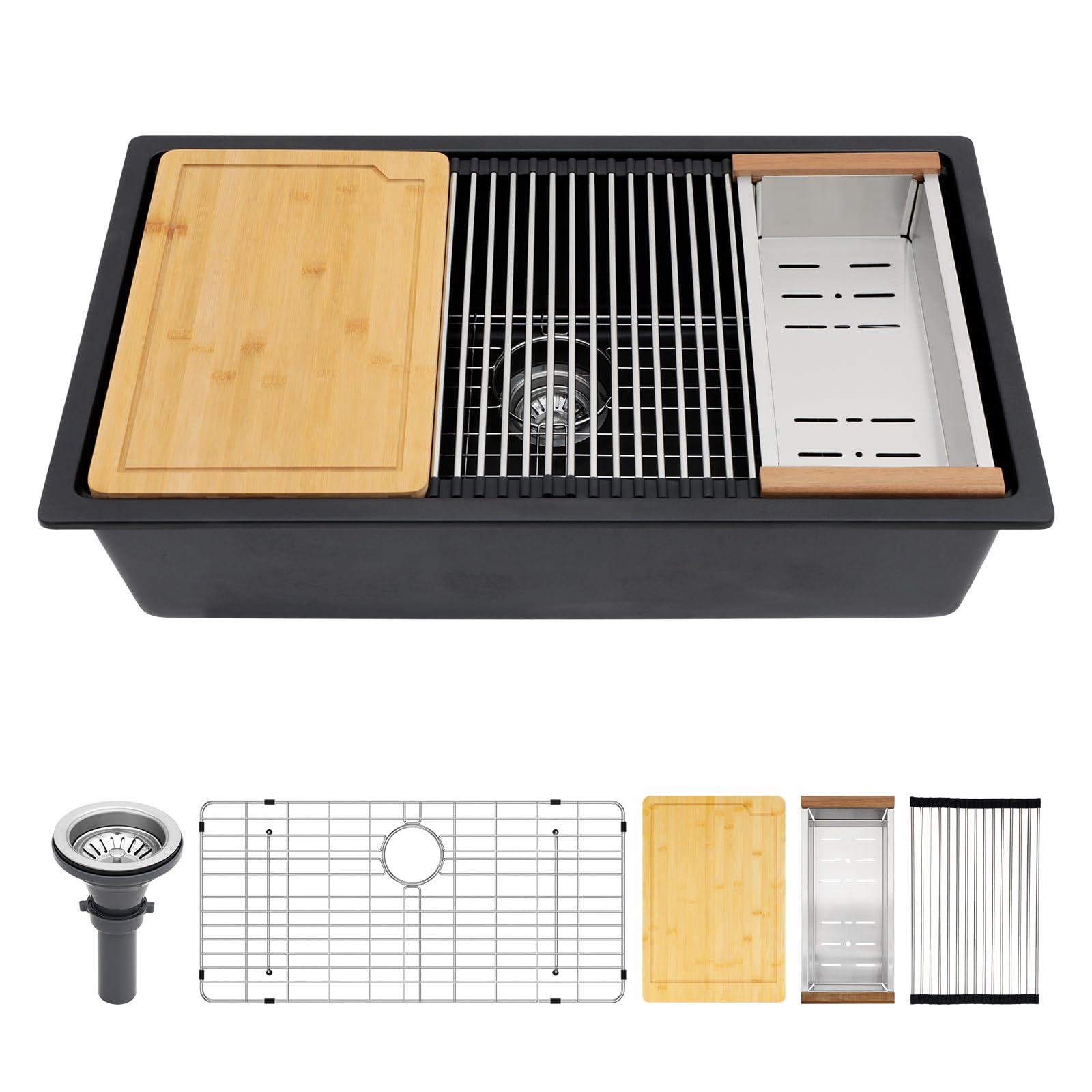 Couoko 33 Inch Black Granite Kitchen Sink Undermount Workstation Quartz ...